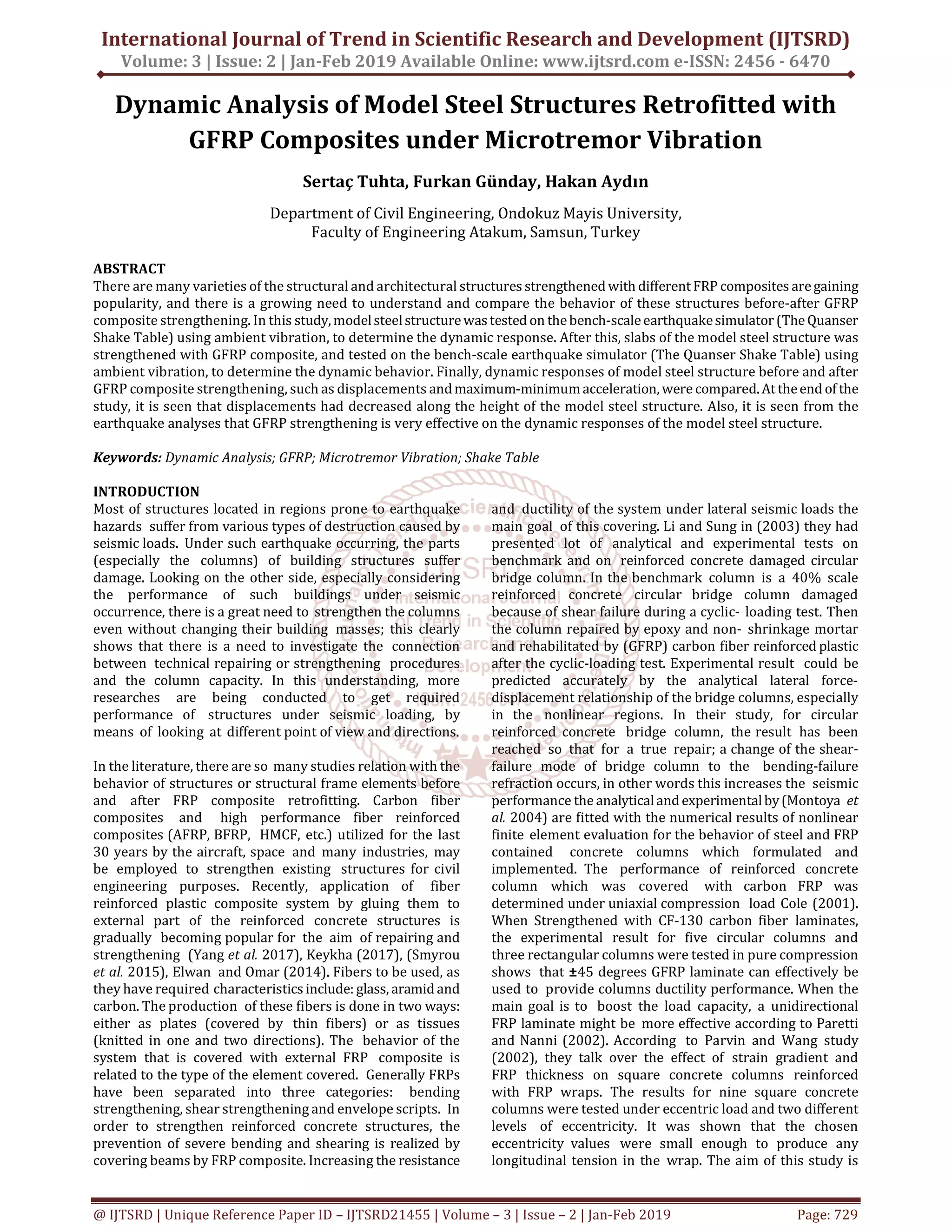 Dynamic Analysis Of Model Steel Structures Retrofitted With Gfrp Composites Under Microtremor