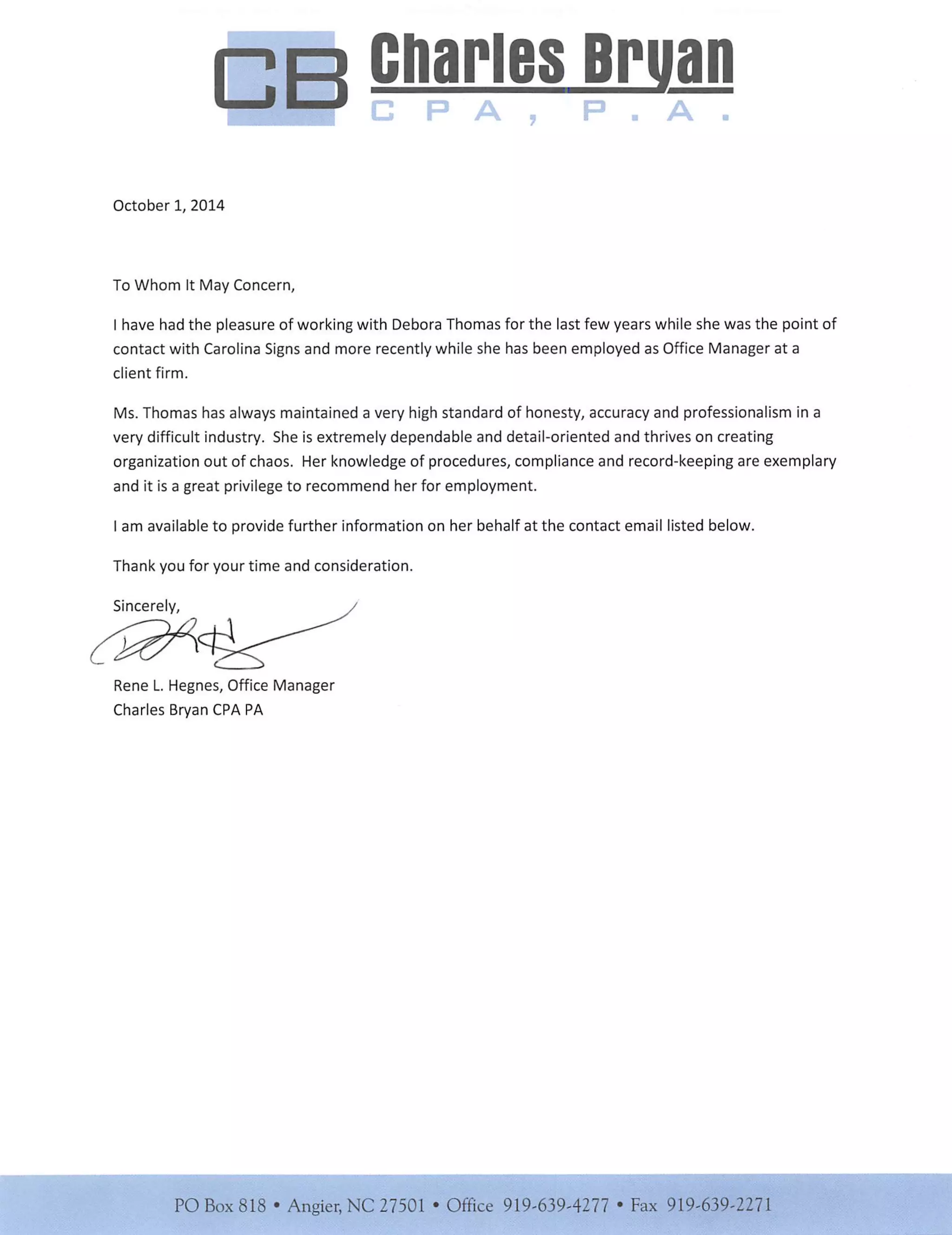 Letter of Reference - Charles Bryan CPA | PDF