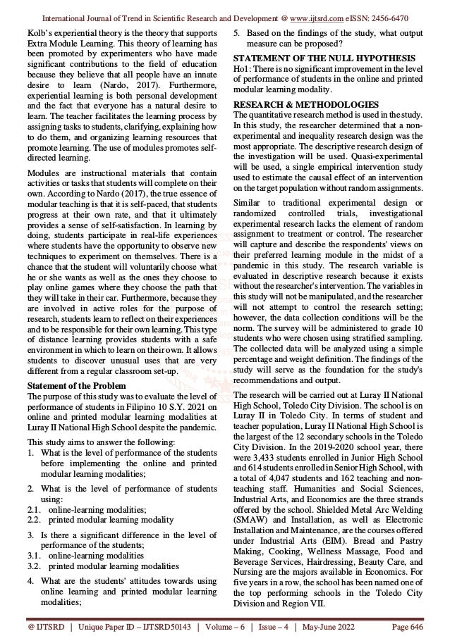 Online and Printed Modular Learning Modalities Student’s Performance in ...
