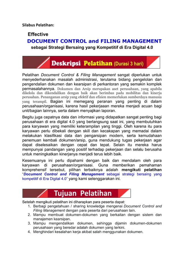 Silabus Pelatihan "Effective DOCUMENT CONTROL and FILING MANAGEMENT sebagai Strategi Keunggulan ...