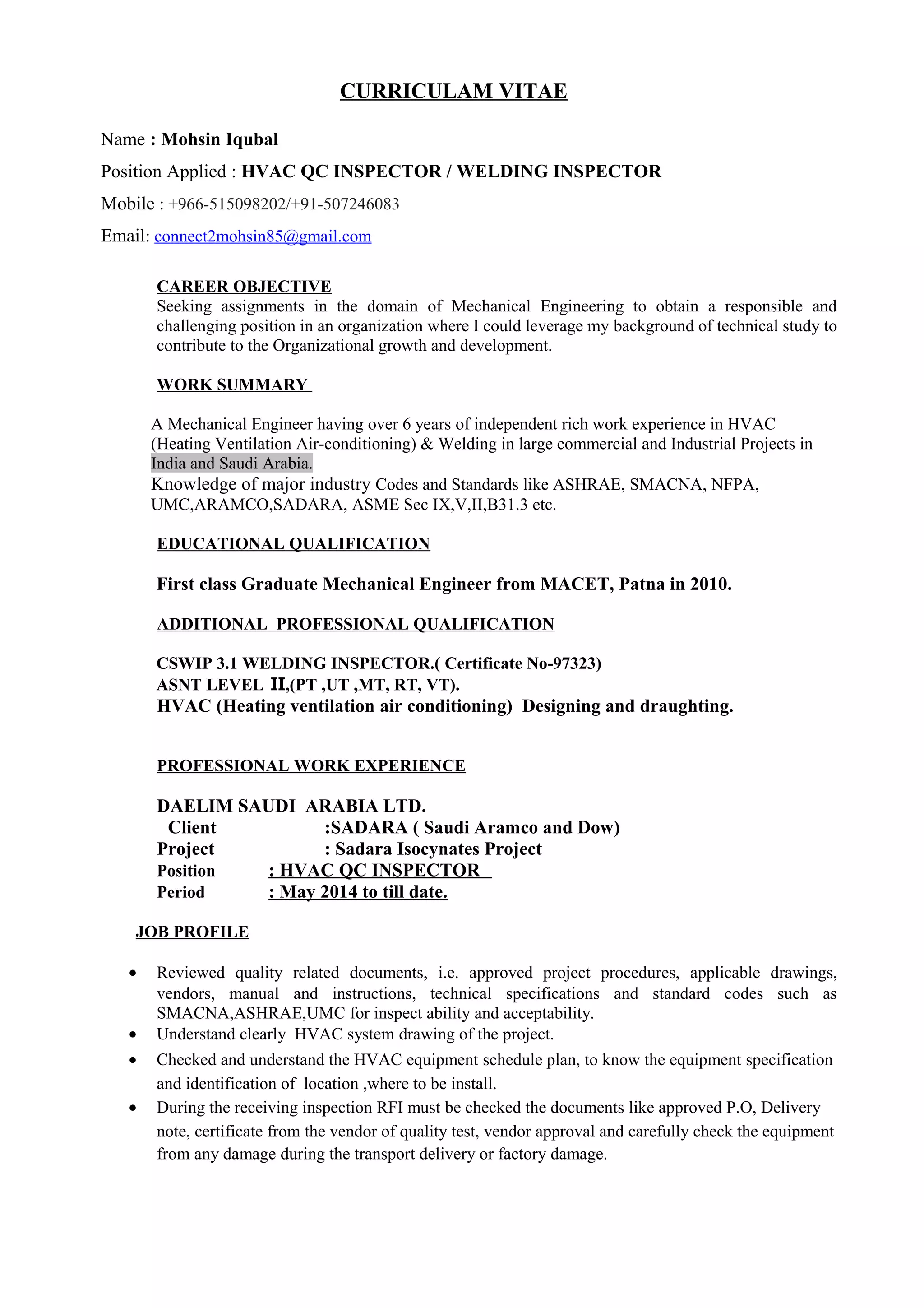 RESUME FOR QC INSPECTOR | DOC