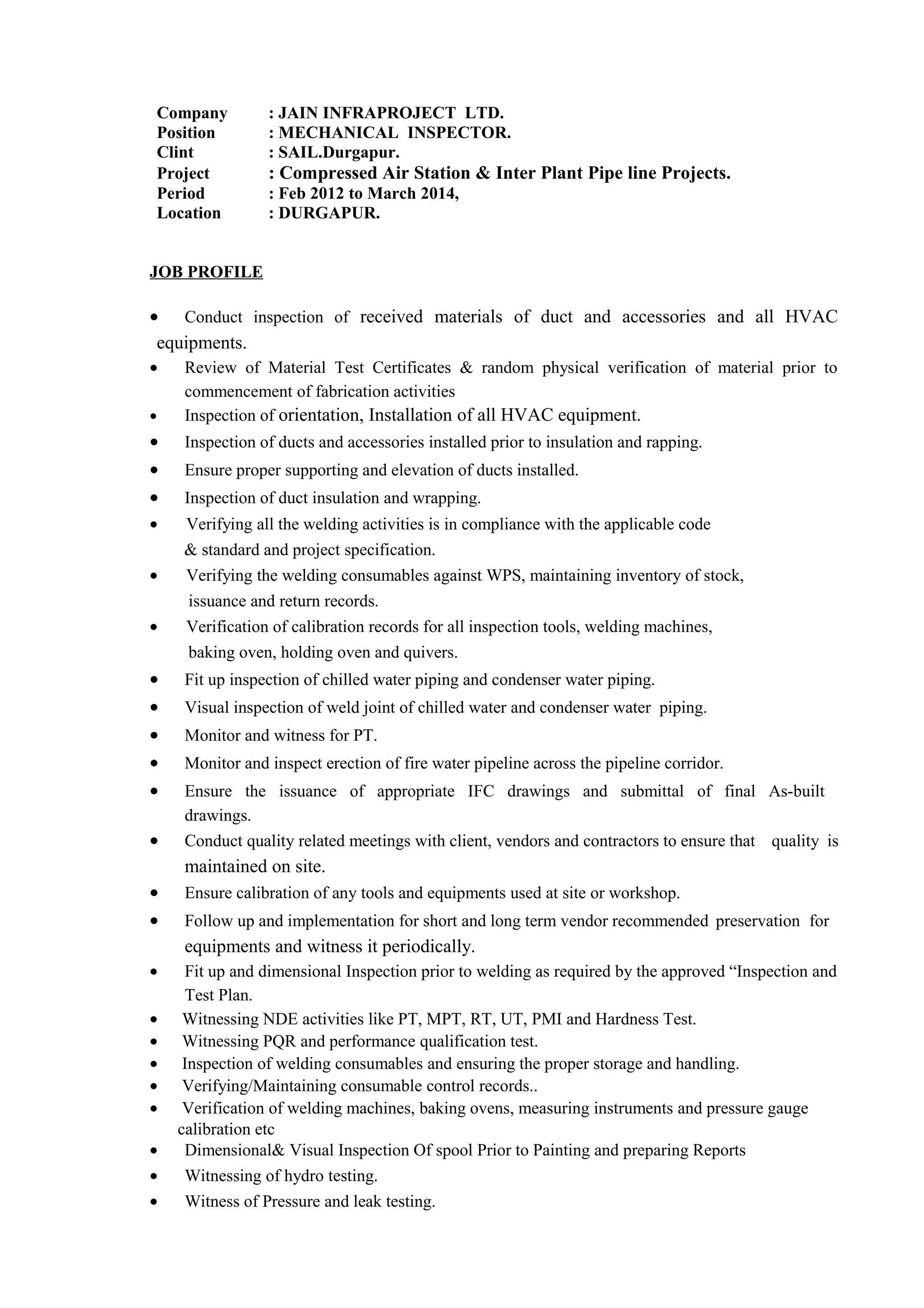 RESUME FOR QC INSPECTOR | DOC