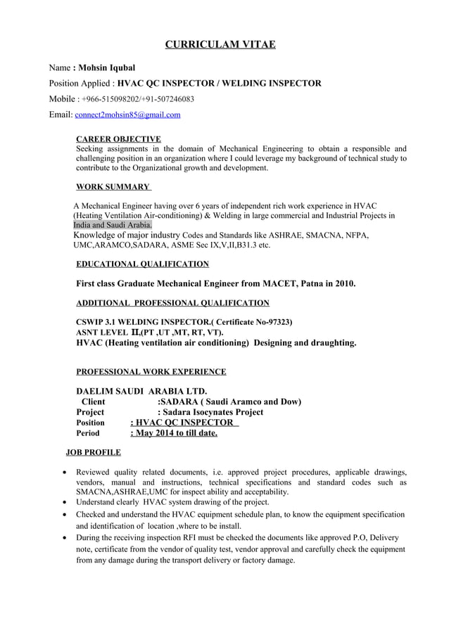RESUME FOR QC INSPECTOR | DOC | Indoor Environmental Quality | Home ...