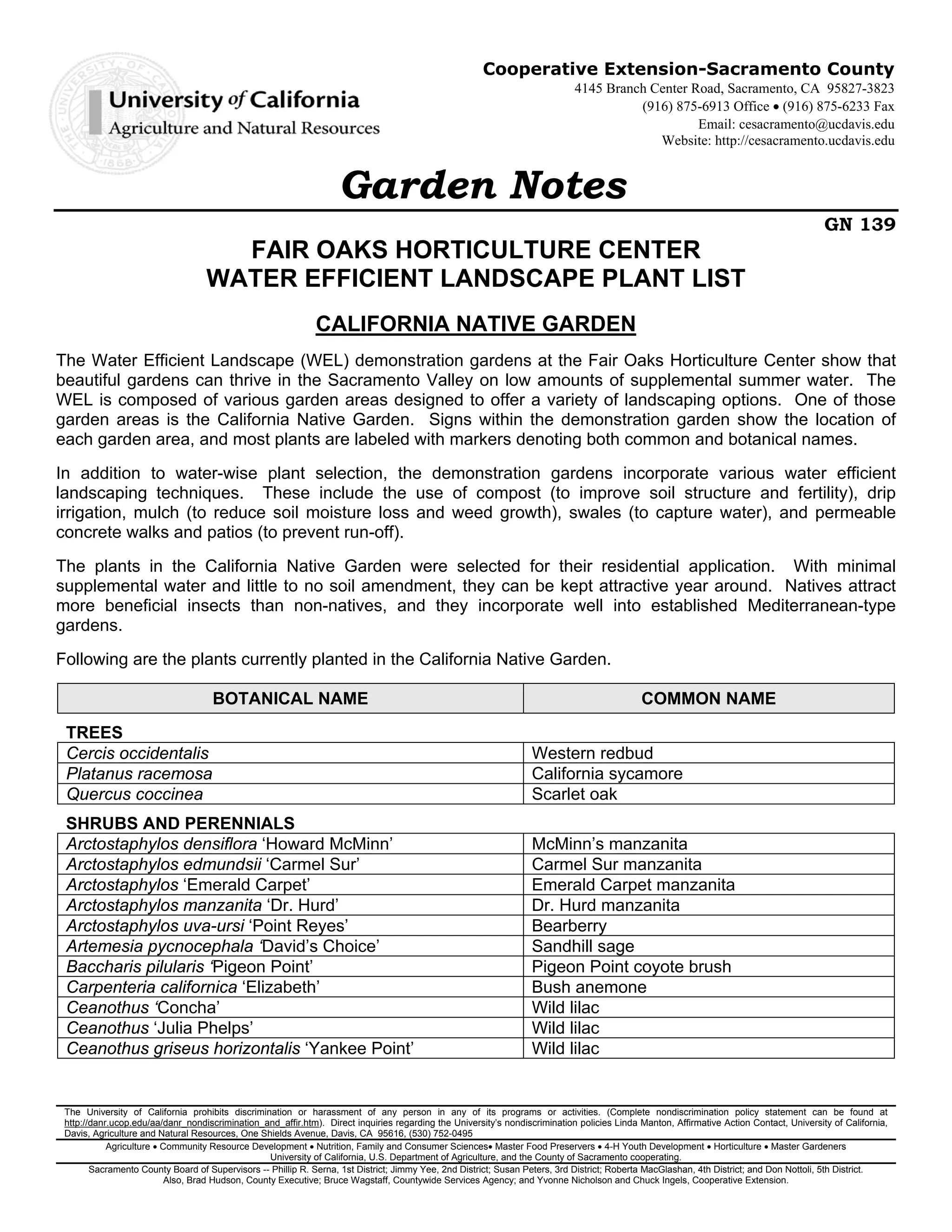 Fair Oaks Horticulture Center Water Efficient Landscape Plant List | PDF