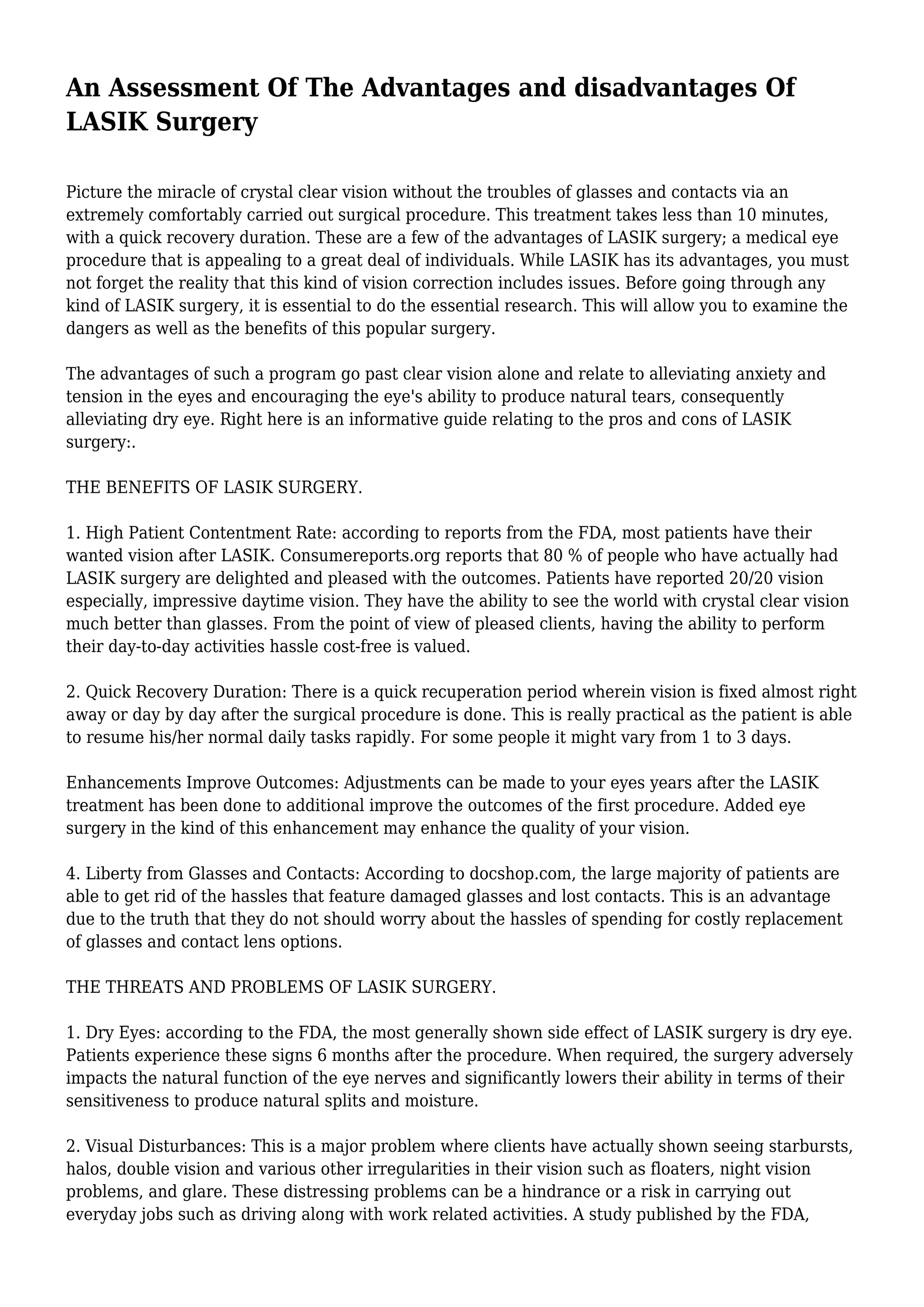 An Assessment Of The Advantages and disadvantages Of LASIK Surgery | PDF
