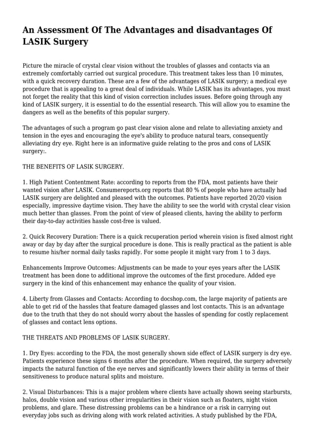 An Assessment Of The Advantages and disadvantages Of LASIK Surgery | PDF