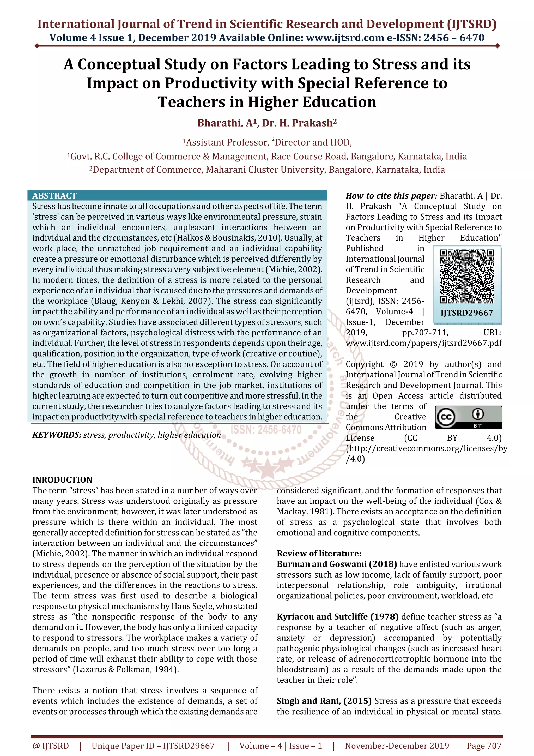 A Conceptual Study on Factors Leading to Stress and its Impact on ...