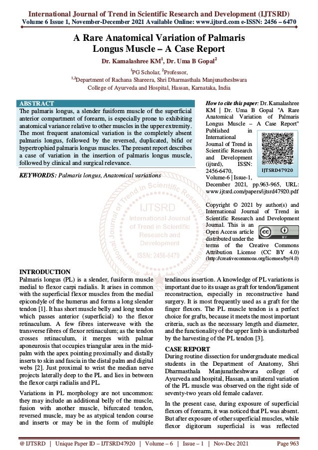 A Rare Anatomical Variation of Palmaris Longus Muscle – A Case Report | PDF