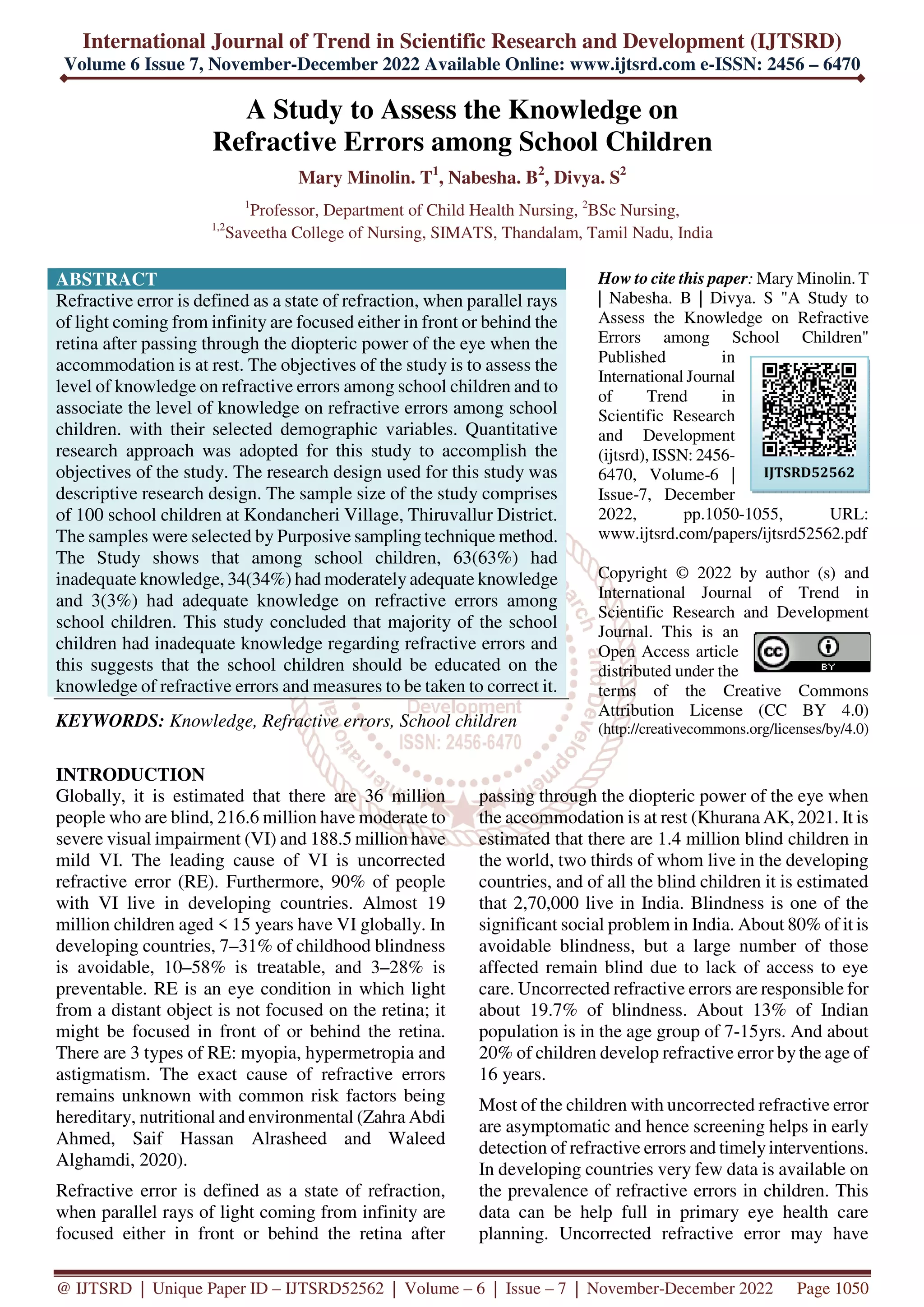 A Study to Assess the Knowledge on Refractive Errors among School ...
