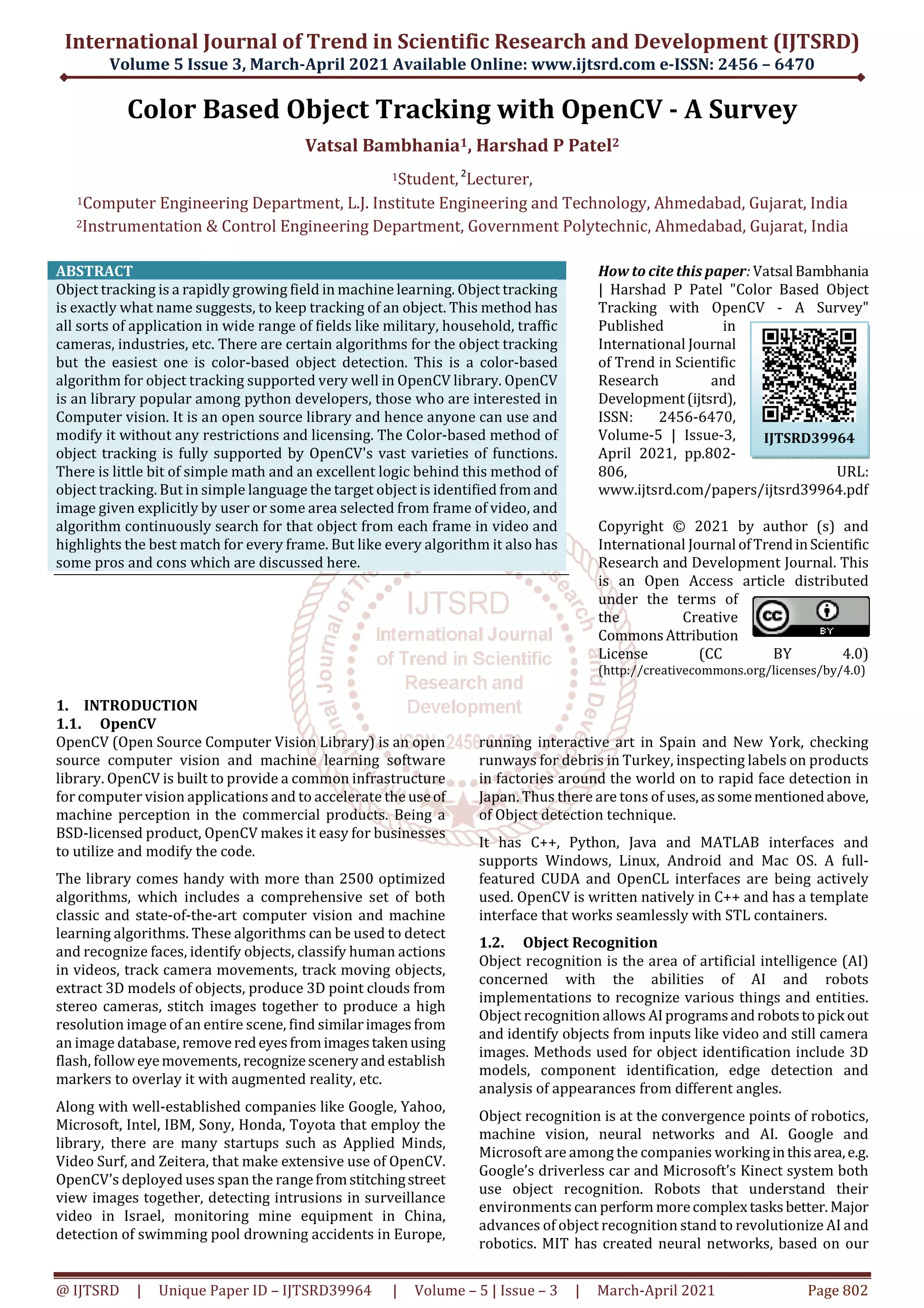 Color Based Object Tracking with OpenCV A Survey | PDF