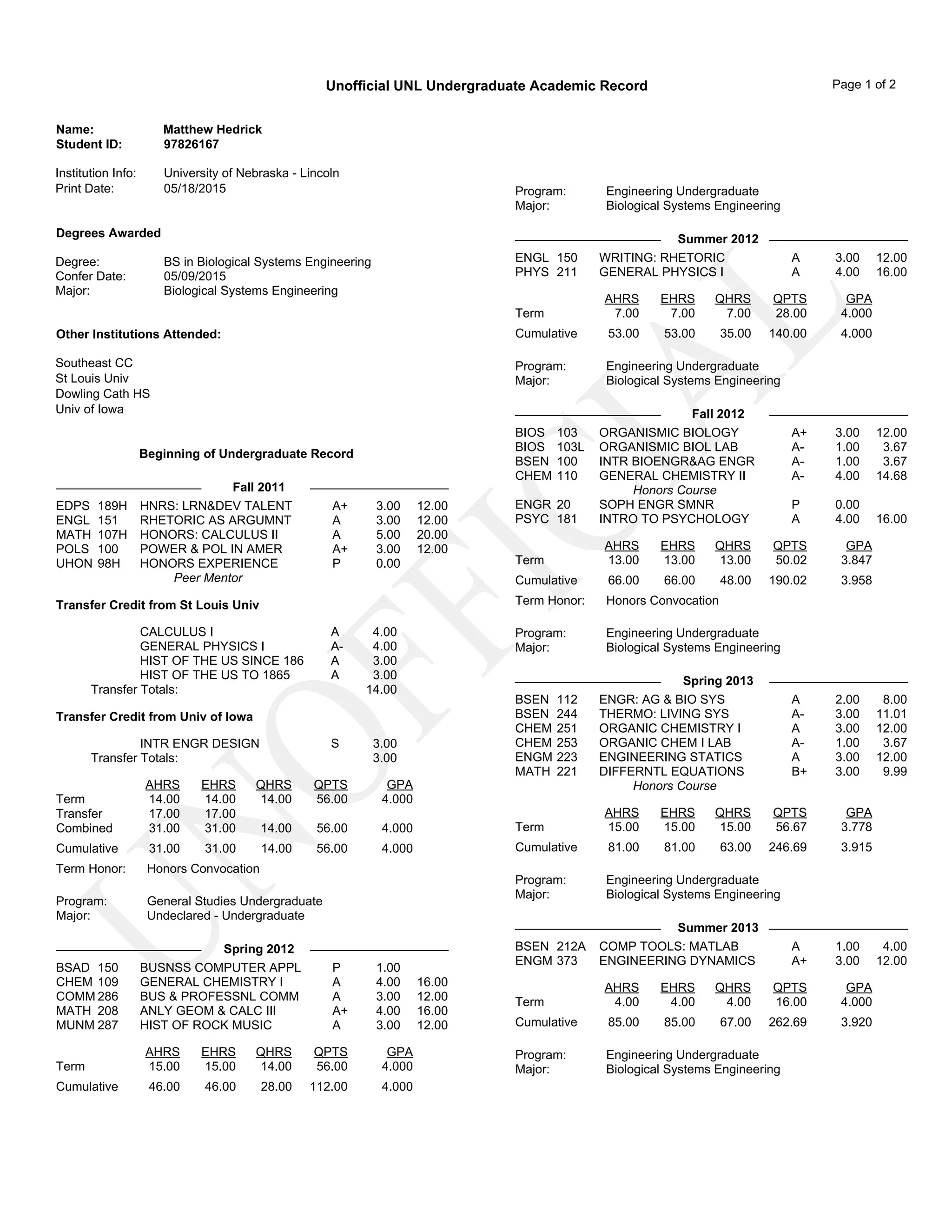HedrickTranscript | PDF