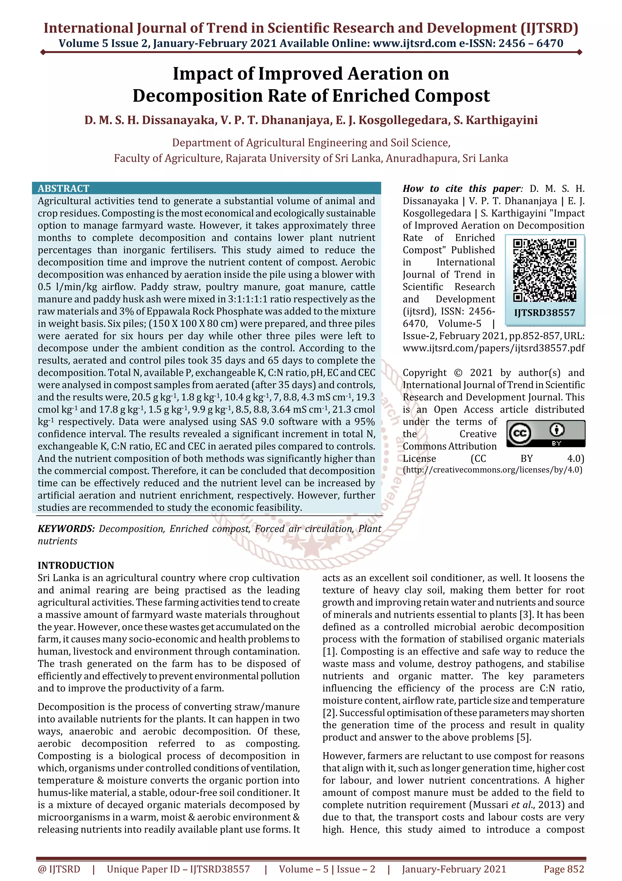 Impact of Improved Aeration on Decomposition Rate of Enriched Compost | PDF