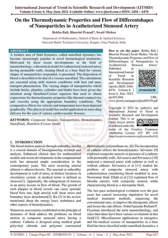 On the Thermodynamic Properties and Flow of Differentshapes of Nanoparticles in Acatheterized ...