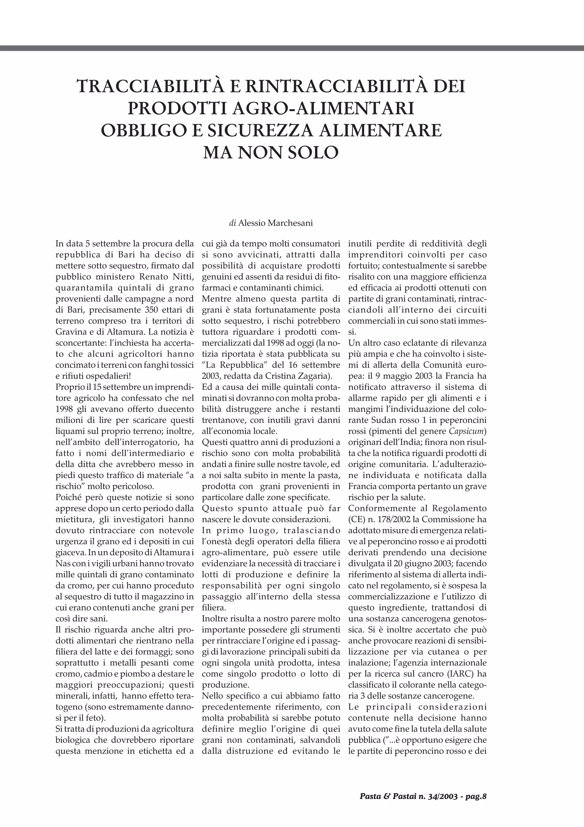 TRACCIABILITÀ E RINTRACCIABILITÀ DEI PRODOTTI AGRO-ALIMENTARI OBBLIGO E ...