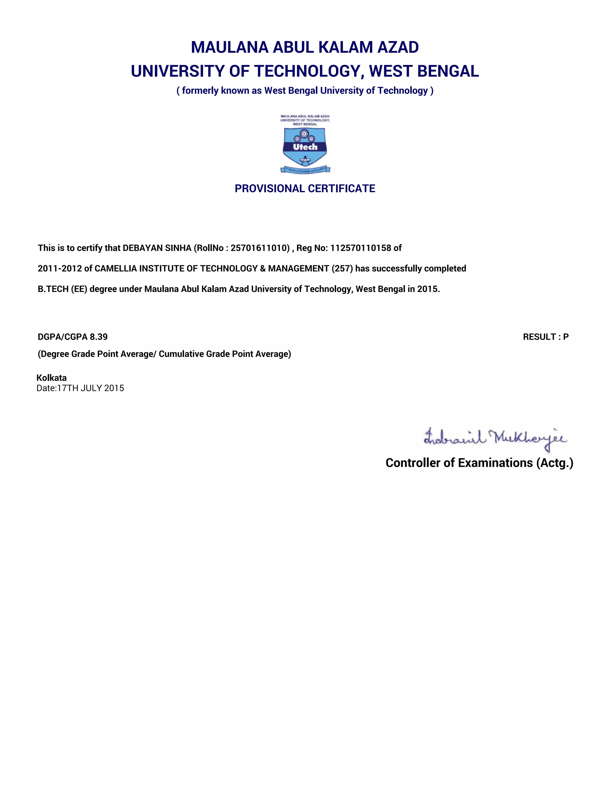 B.TECH EE certificate | PDF