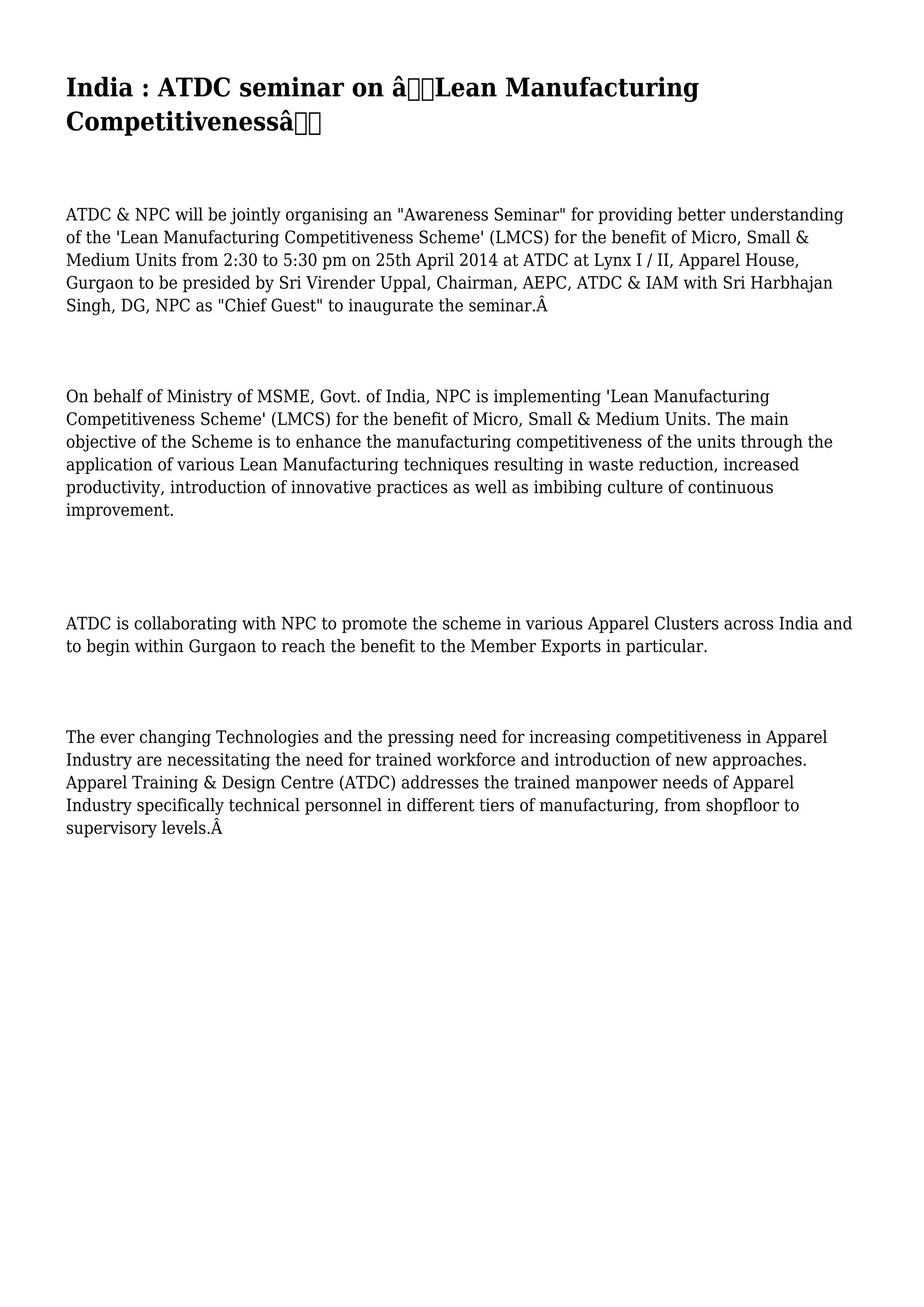 India : ATDC seminar on ‘Lean Manufacturing Competitiveness’ | PDF