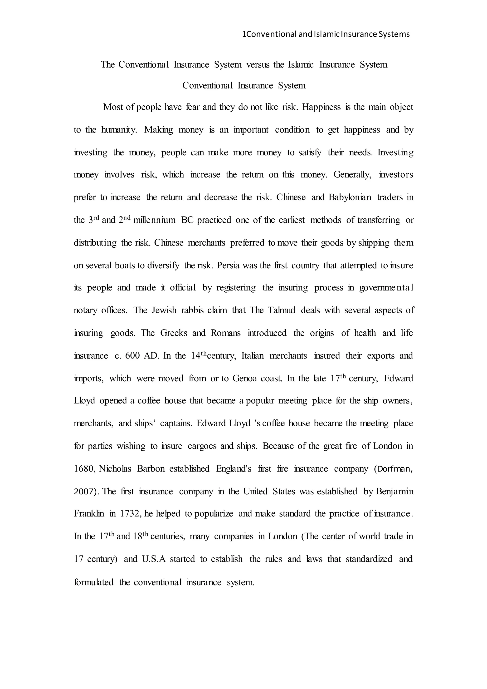 The Conventional Insurance System V Takaful Insurance System | PDF