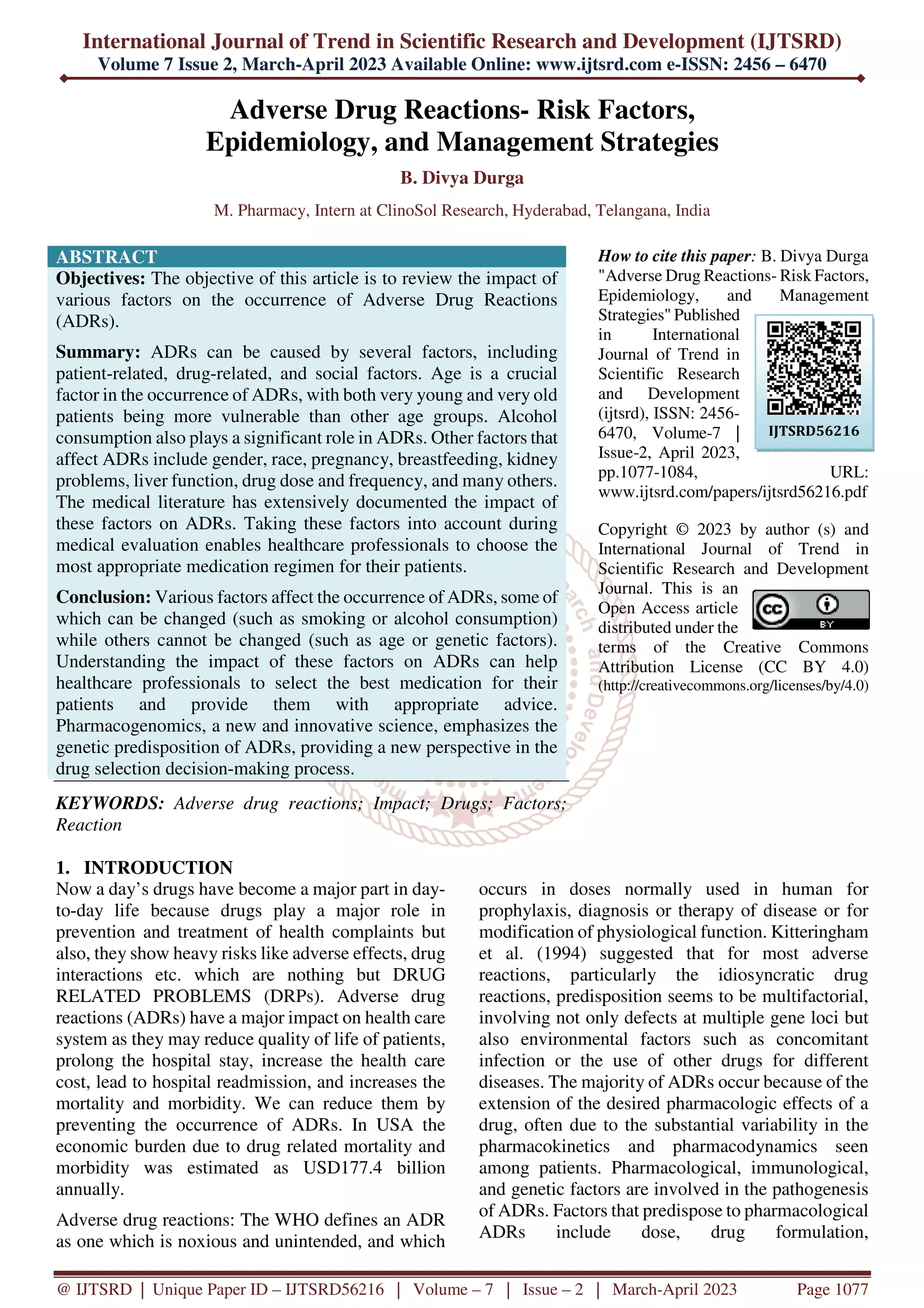 Adverse Drug Reactions Risk Factors, Epidemiology, and Management ...