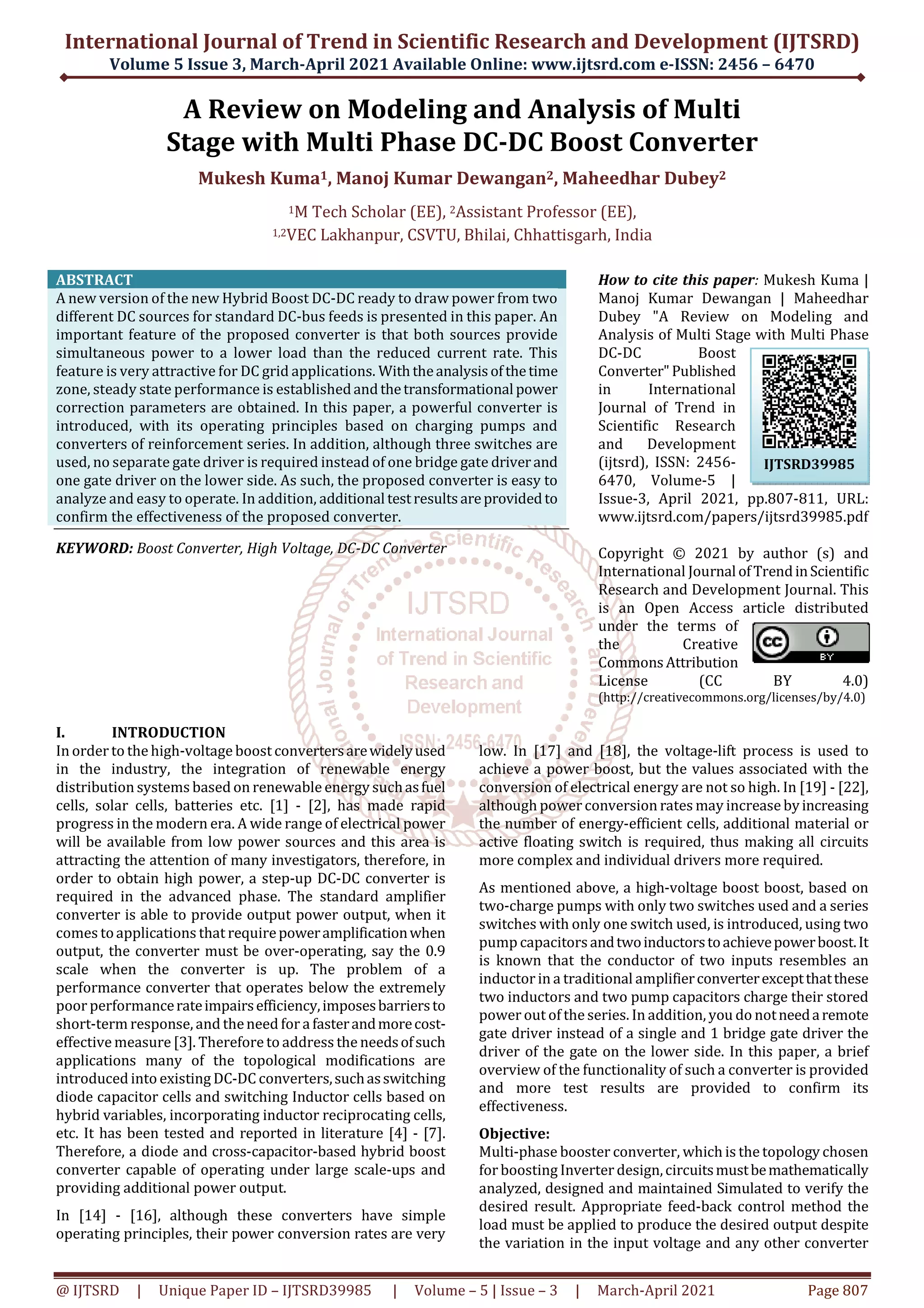A Review on Modeling and Analysis of Multi Stage with Multi Phase DC DC Boost Converter | PDF