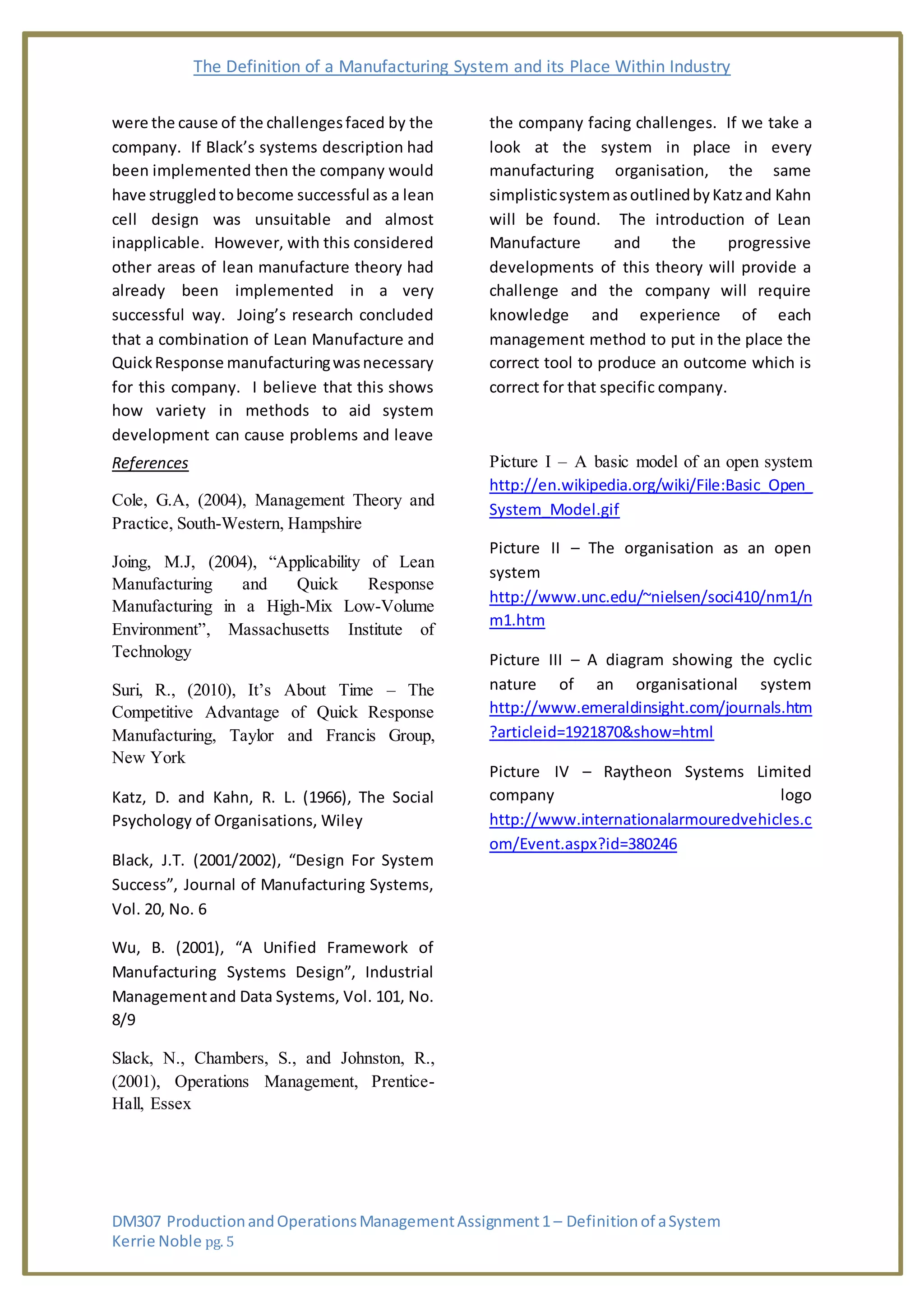 Production and Operations management - assignment 1 - defining a system ...