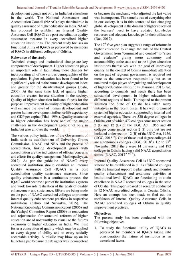 Functional Utility of Internal Quality Assurance Cells in NAAC Accredited Colleges A Critical ...
