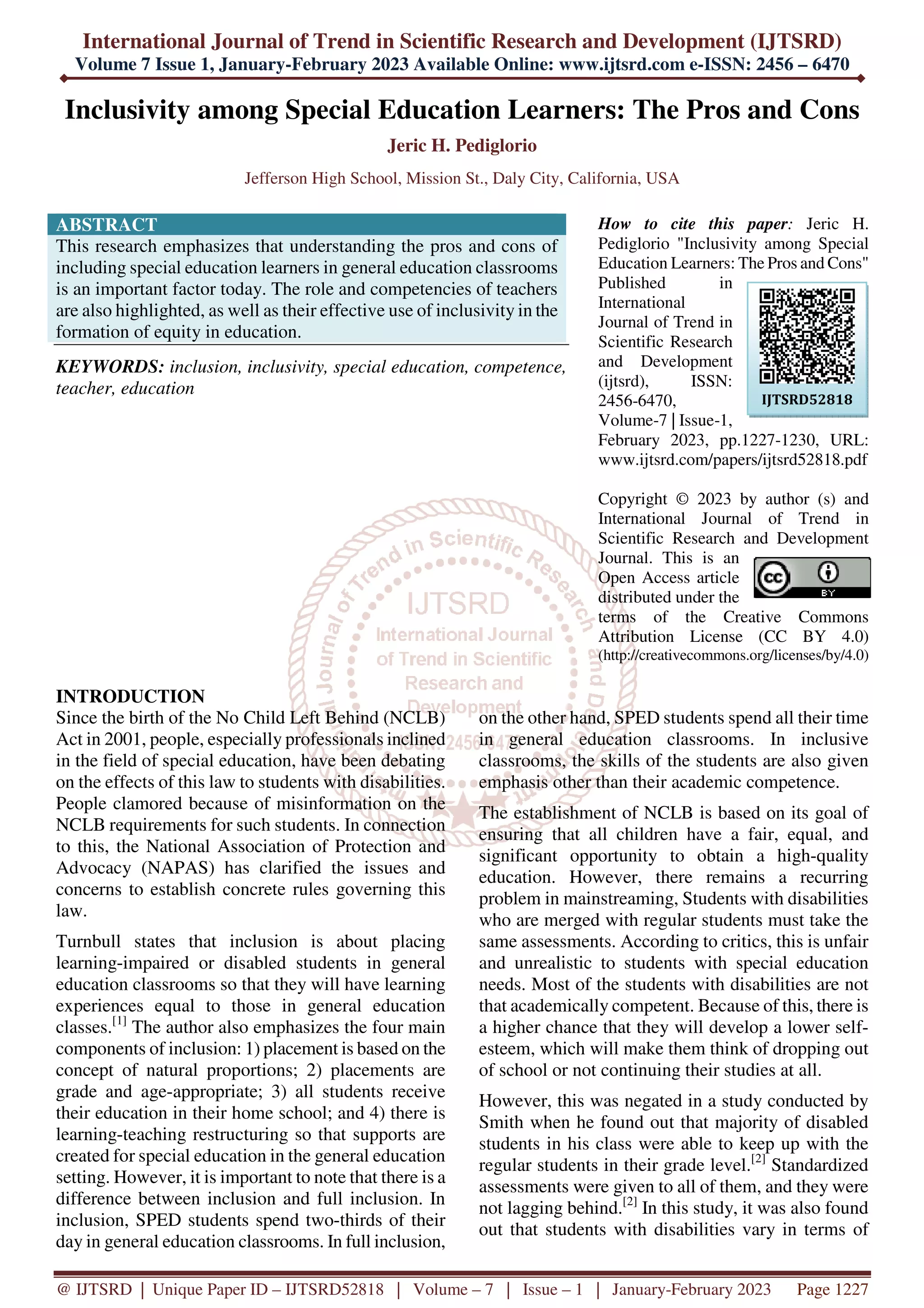 Inclusivity among Special Education Learners The Pros and Cons | PDF