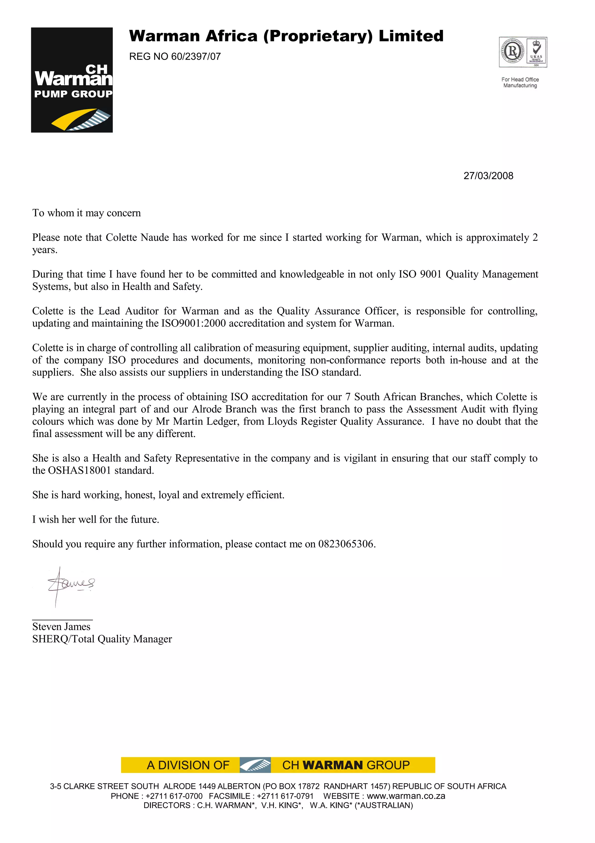 Reference letter from Steven James for colette from Warman | DOC