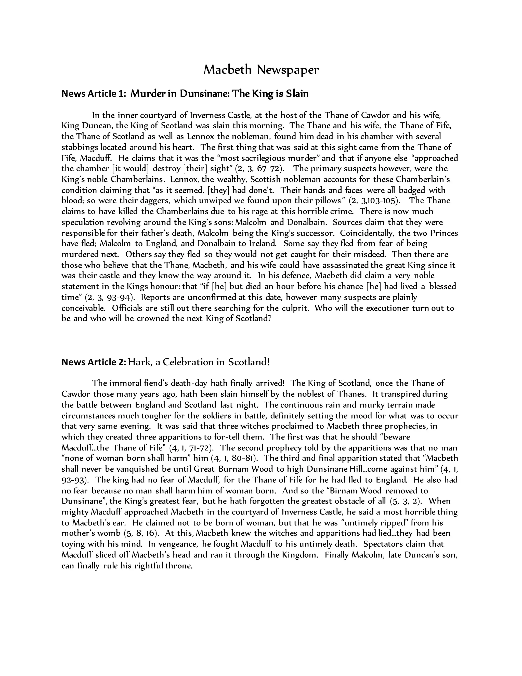 Macbeth Newspaper (grade 11) | DOCX | Astrology | Religion & Spirituality