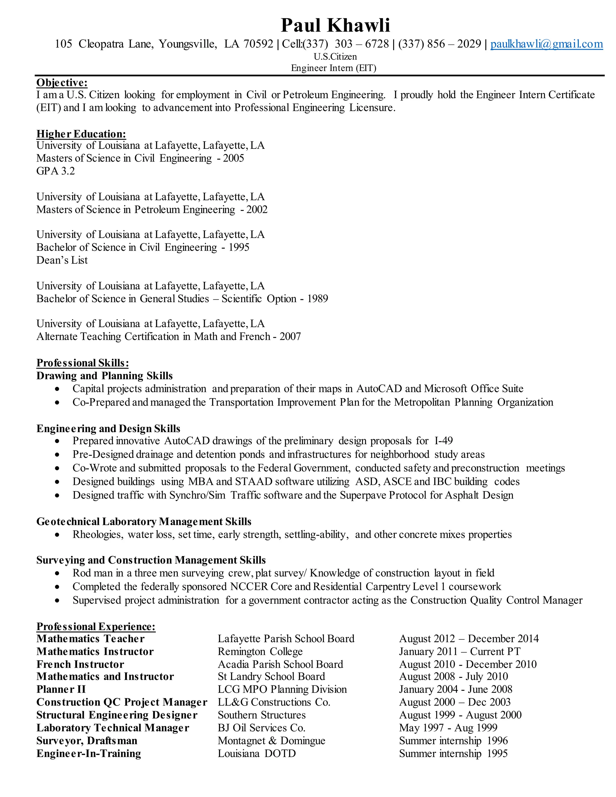 Paul Khawli Bilingual Engineer Resume | DOCX