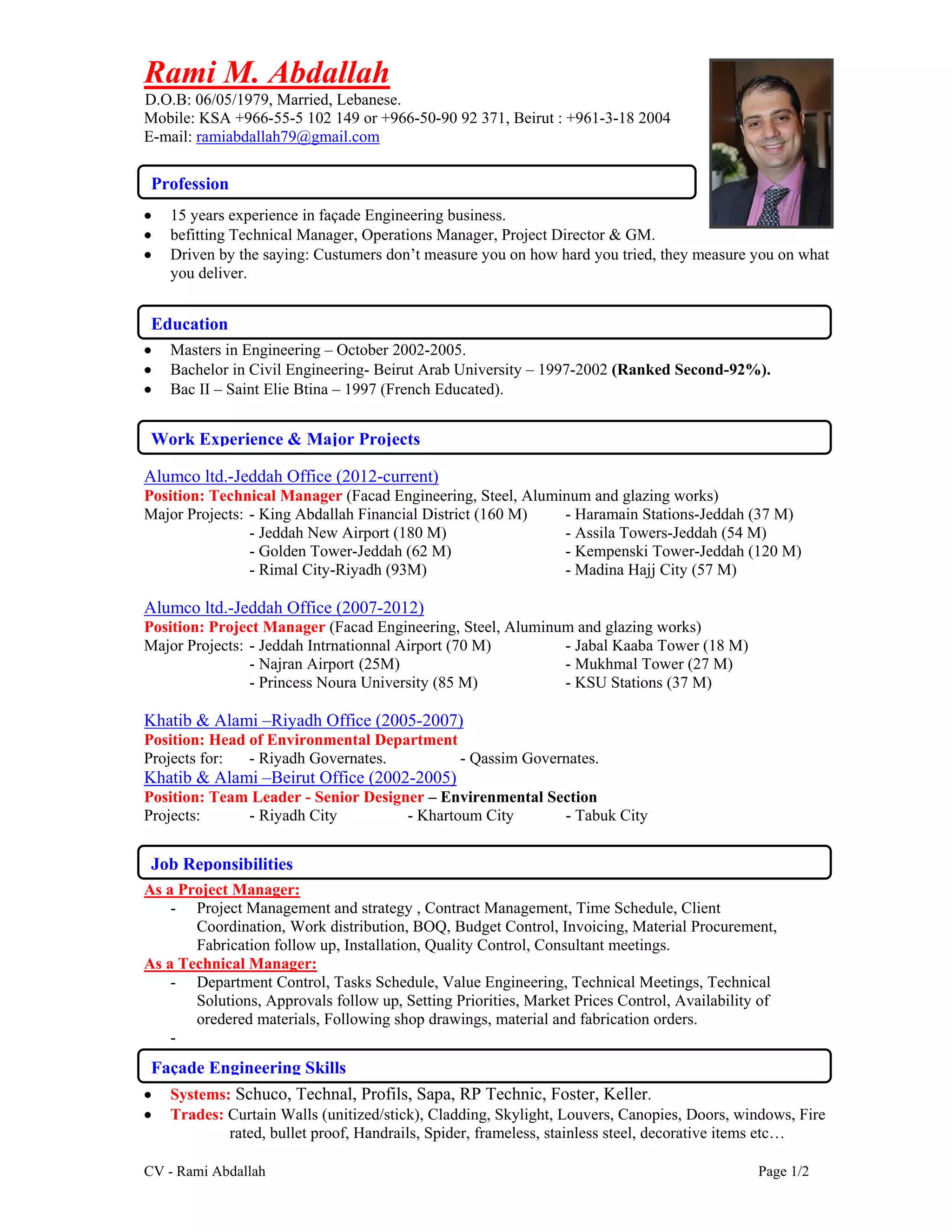 Rami Abdallah Professional CV-Mar 2016 | PDF | Civil Engineering ...