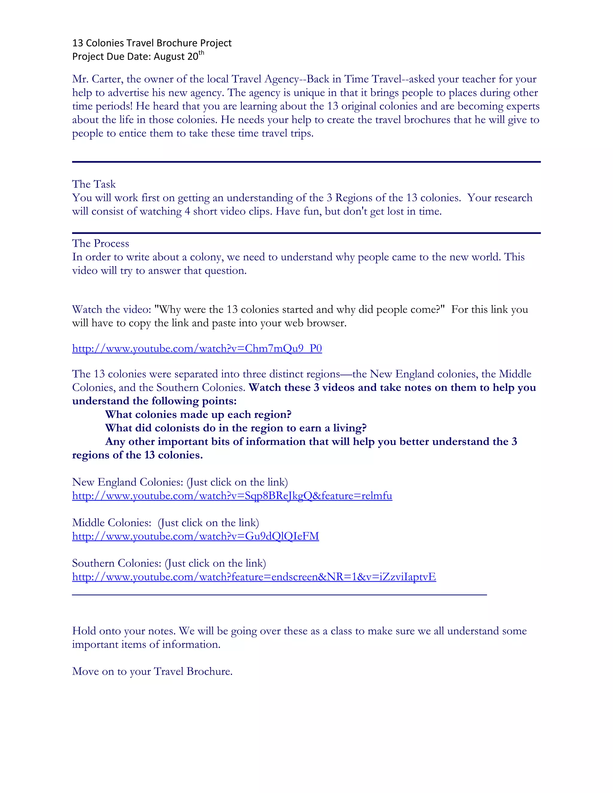 13 colonies travel brochure project | DOCX