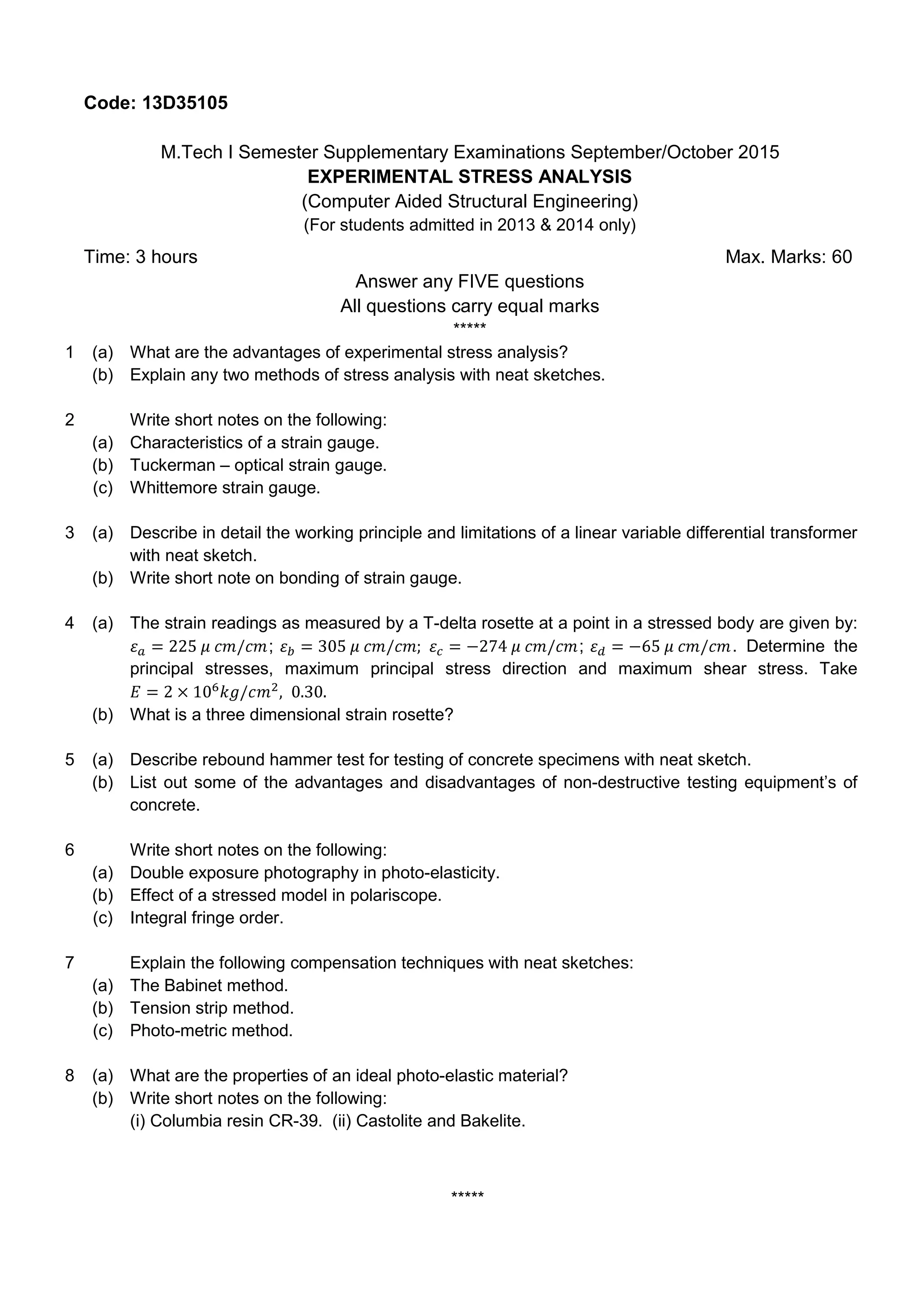 experimental stress analysis previous question paper | PDF