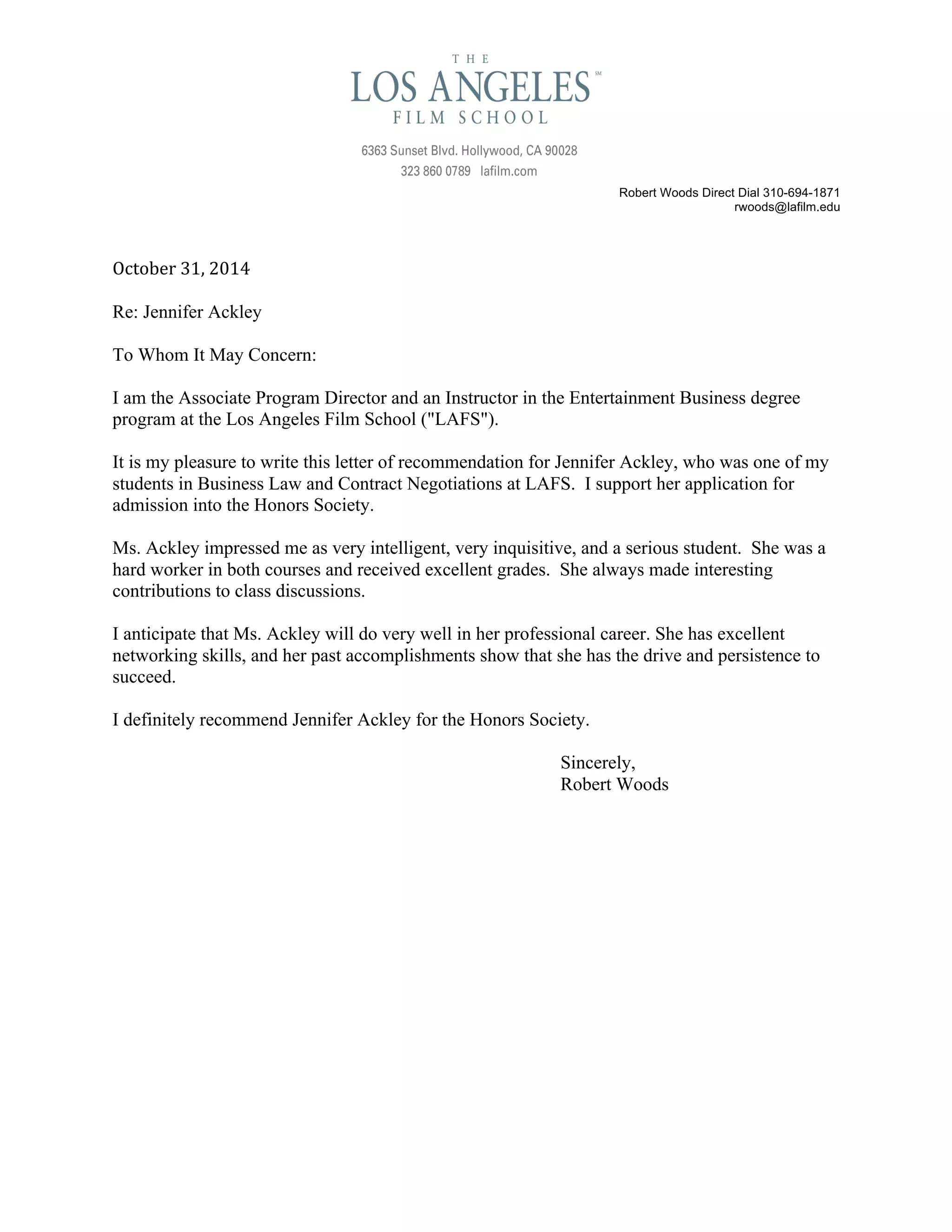 Jennifer Ackley - Bob's Recommendation Letter | PDF
