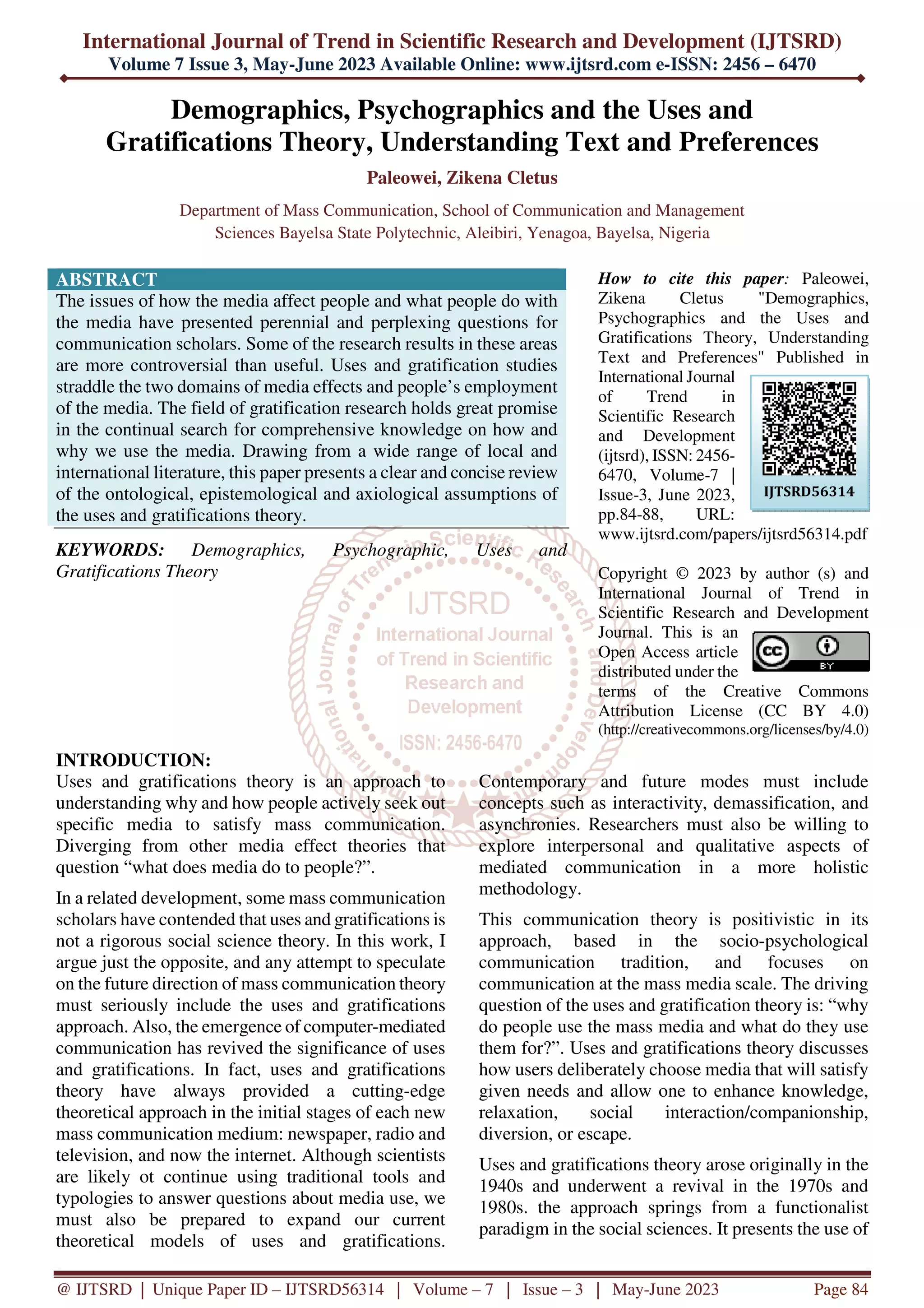 Demographics, Psychographics and the Uses and Gratifications Theory ...