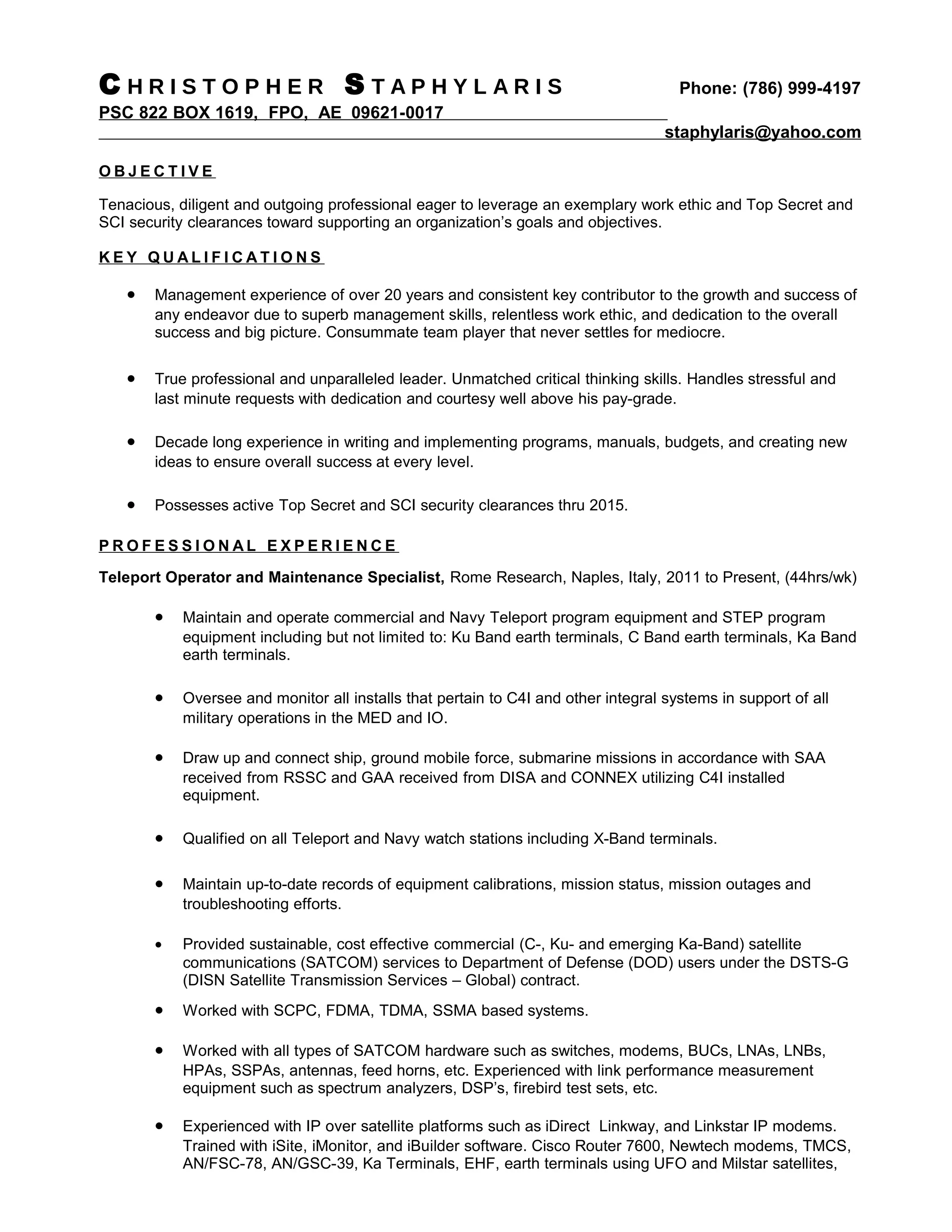 SATCOM and Management resume | DOC