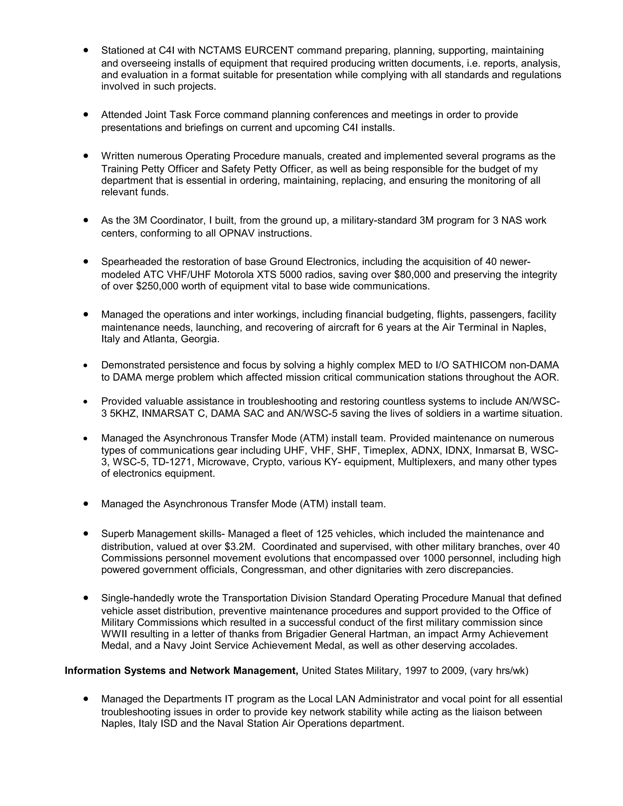 SATCOM and Management resume | DOC