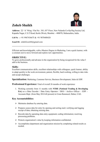 Zoheb Shaikh Resume | DOC | Business Administration | Business