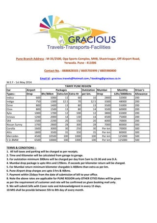 Gracious Travels Pan India Tariff | PDF