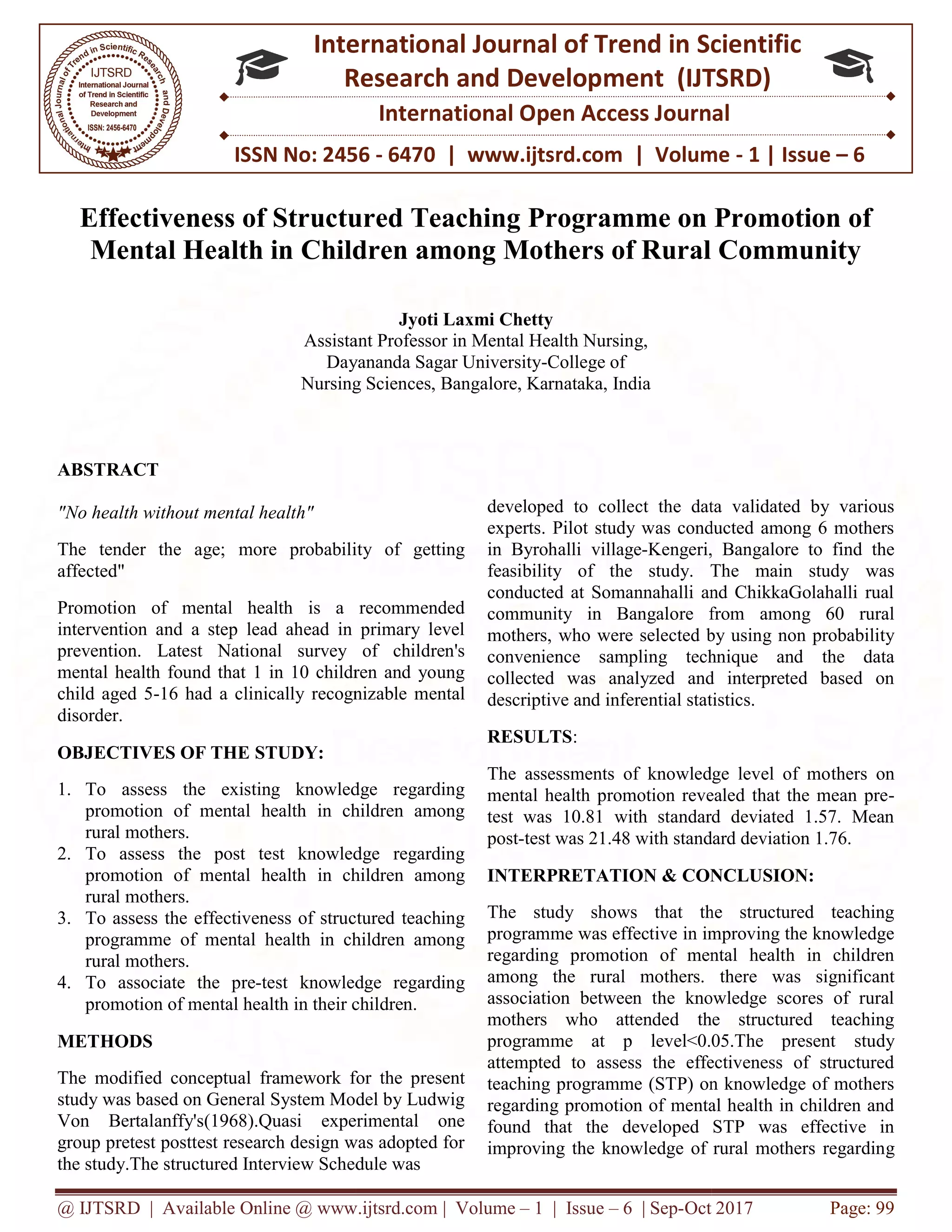 Effectiveness of Structured Teaching Programme on Promotion of Mental ...