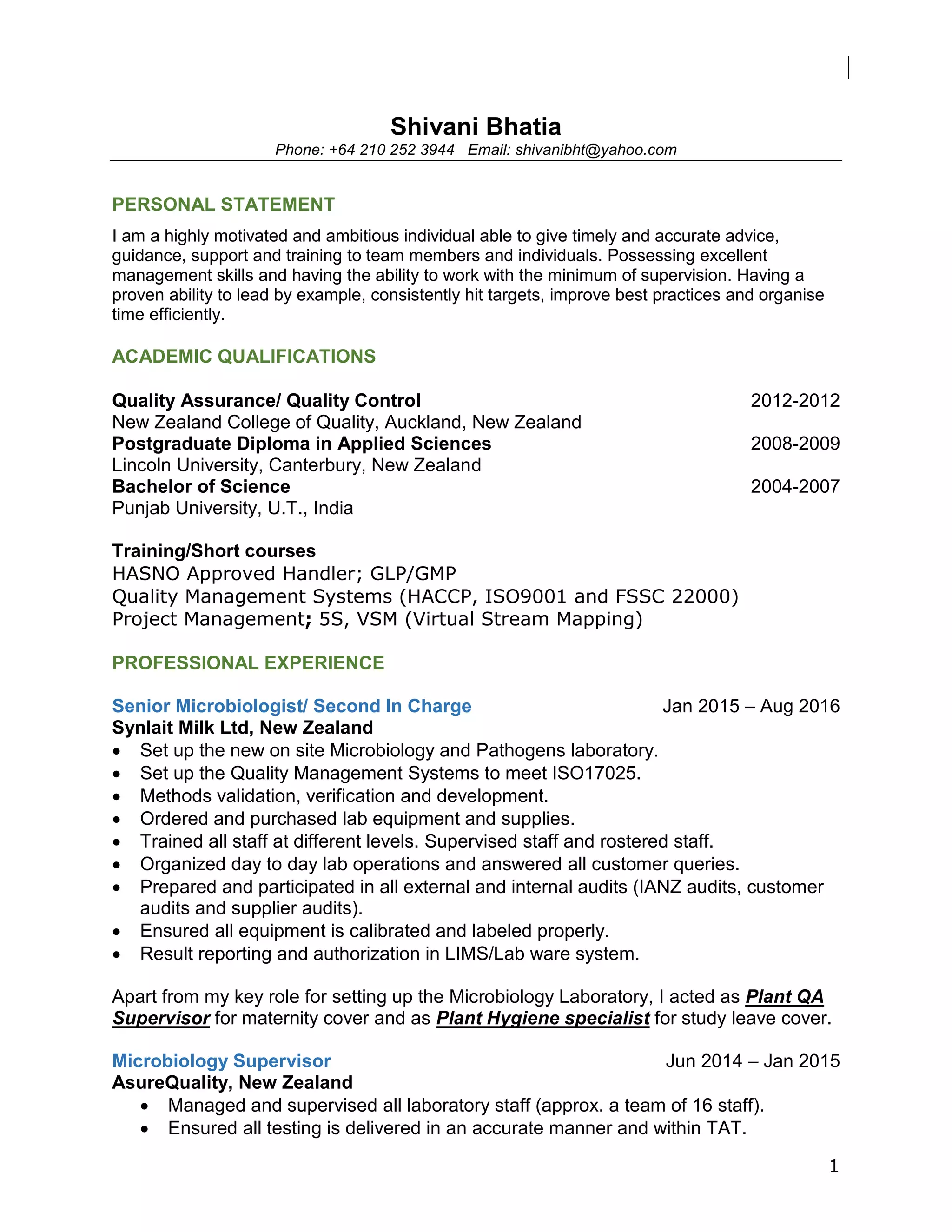 Shivani Bhatia CV 05 Nov 16 | PDF | Biotech and Biomedical Industry | Industries