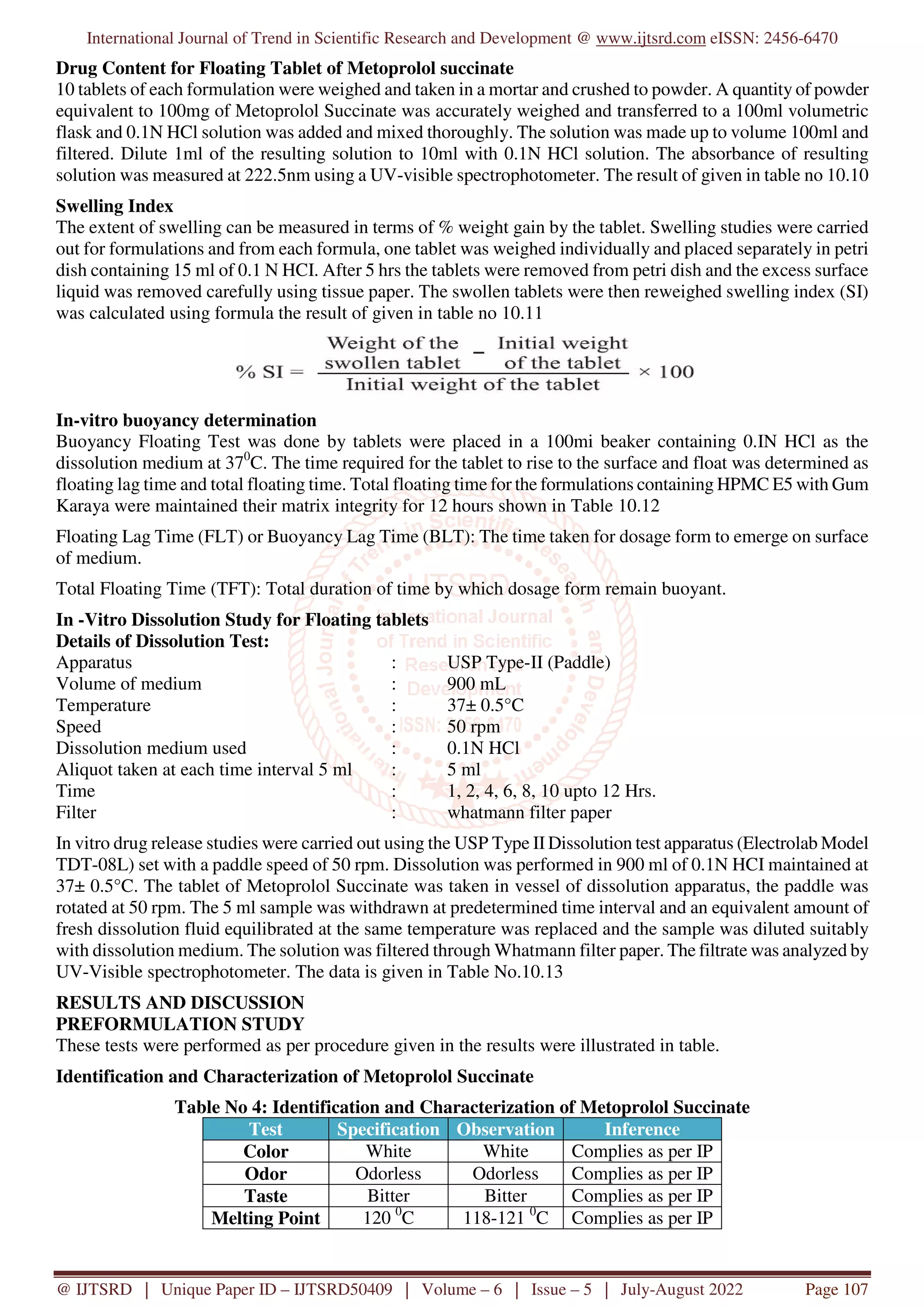 Formulation and Evaluation of Floating Tablet of Metoprolol Succinate | PDF