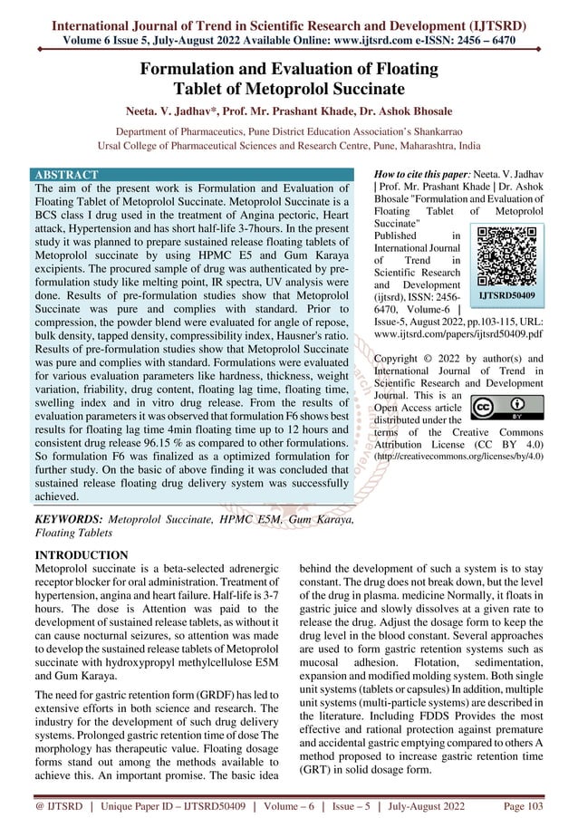 Formulation and Evaluation of Floating Tablet of Metoprolol Succinate | PDF