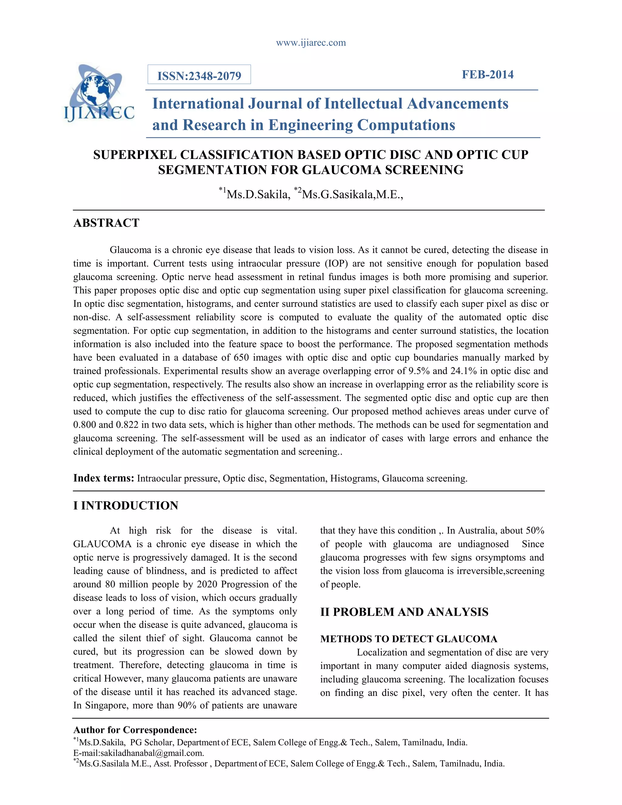 SUPERPIXEL CLASSIFICATION BASED OPTIC DISC AND OPTIC CUP SEGMENTATION FOR GLAUCOMA SCREENING | PDF