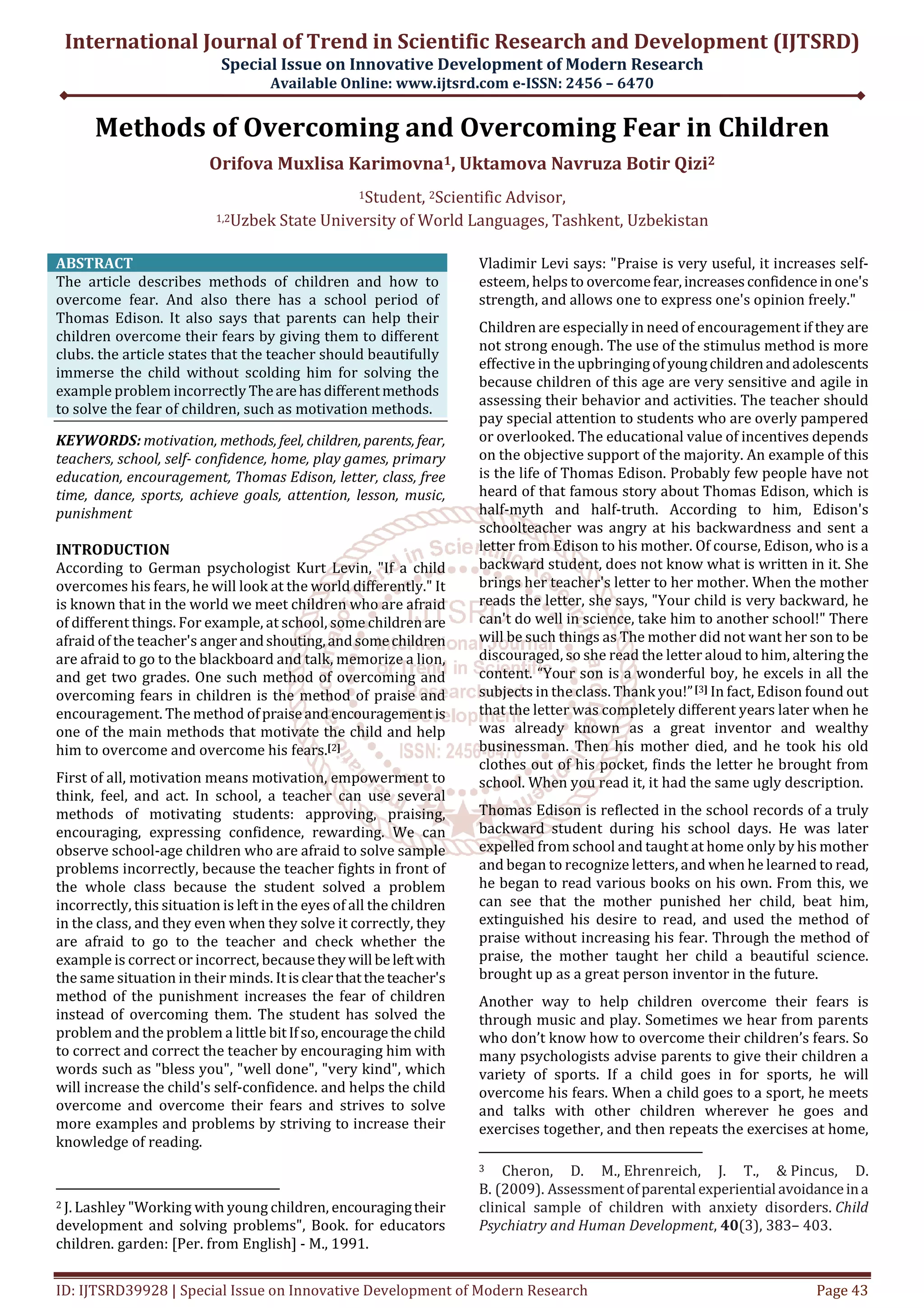 Methods of Overcoming and Overcoming Fear in Children | PDF