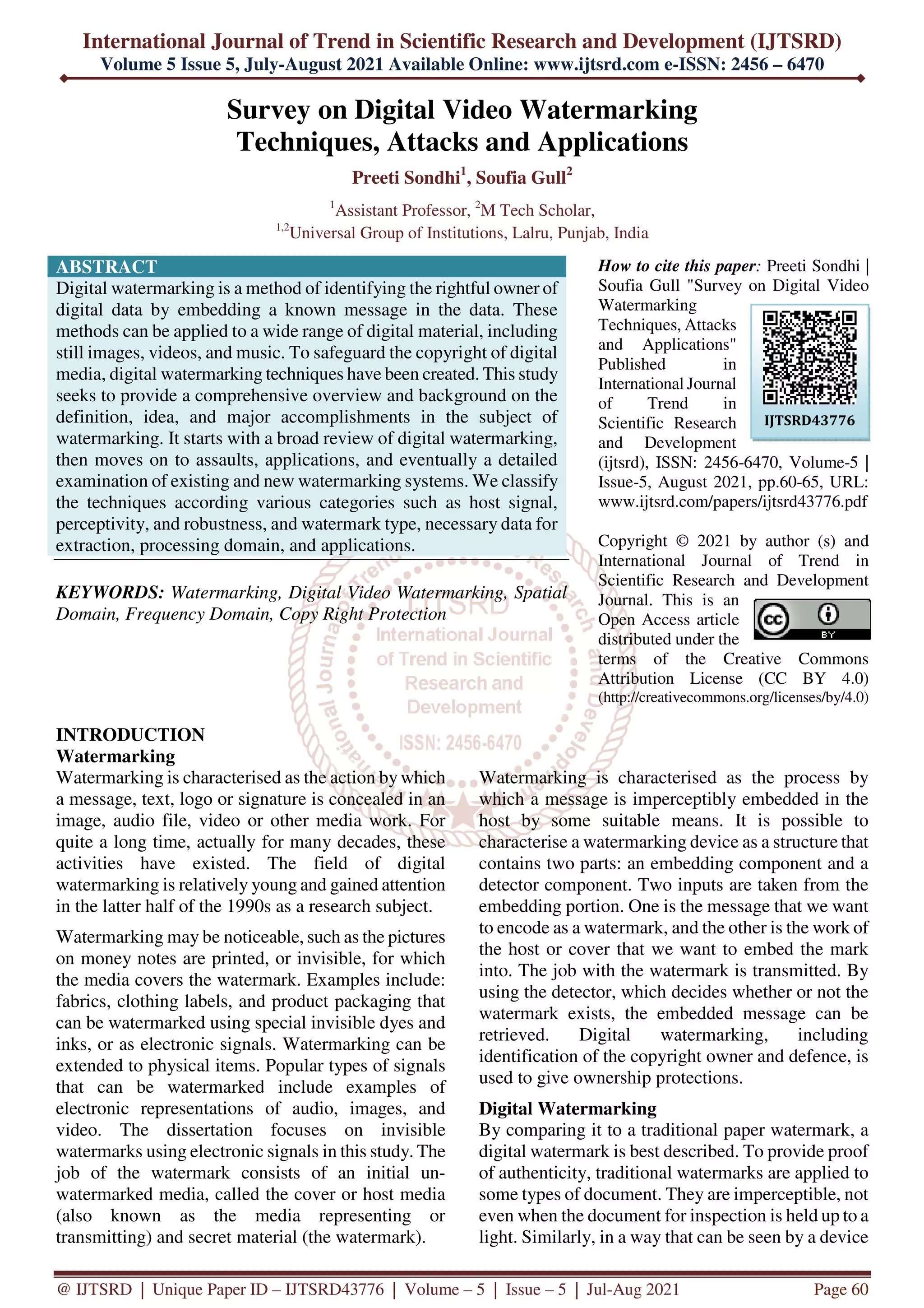 Survey on Digital Video Watermarking Techniques, Attacks and ...