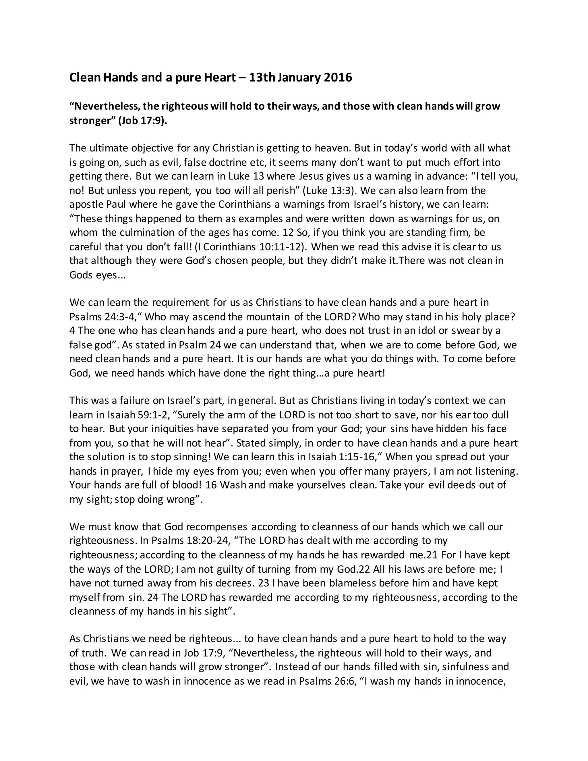 13th january 2016 clean hands and a pure heart | DOCX