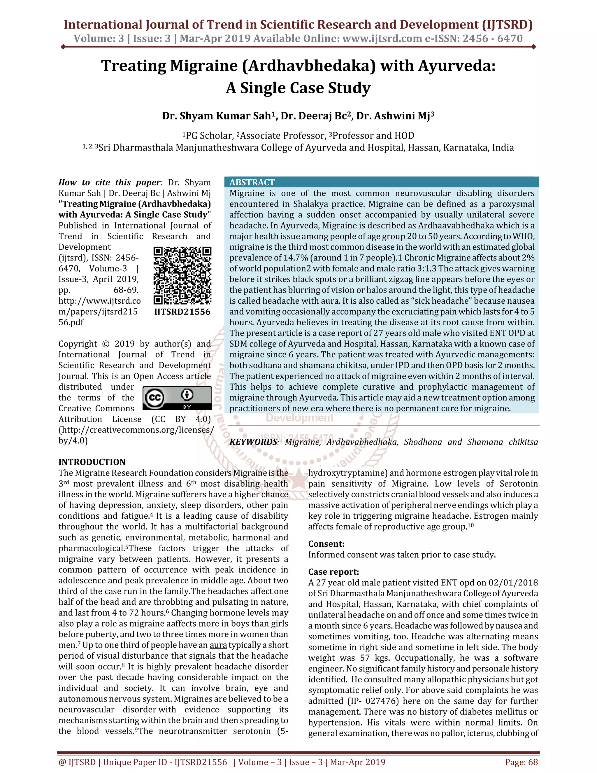 Treating Migraine Ardhavbhedaka with Ayurveda A Single Case Study | PDF