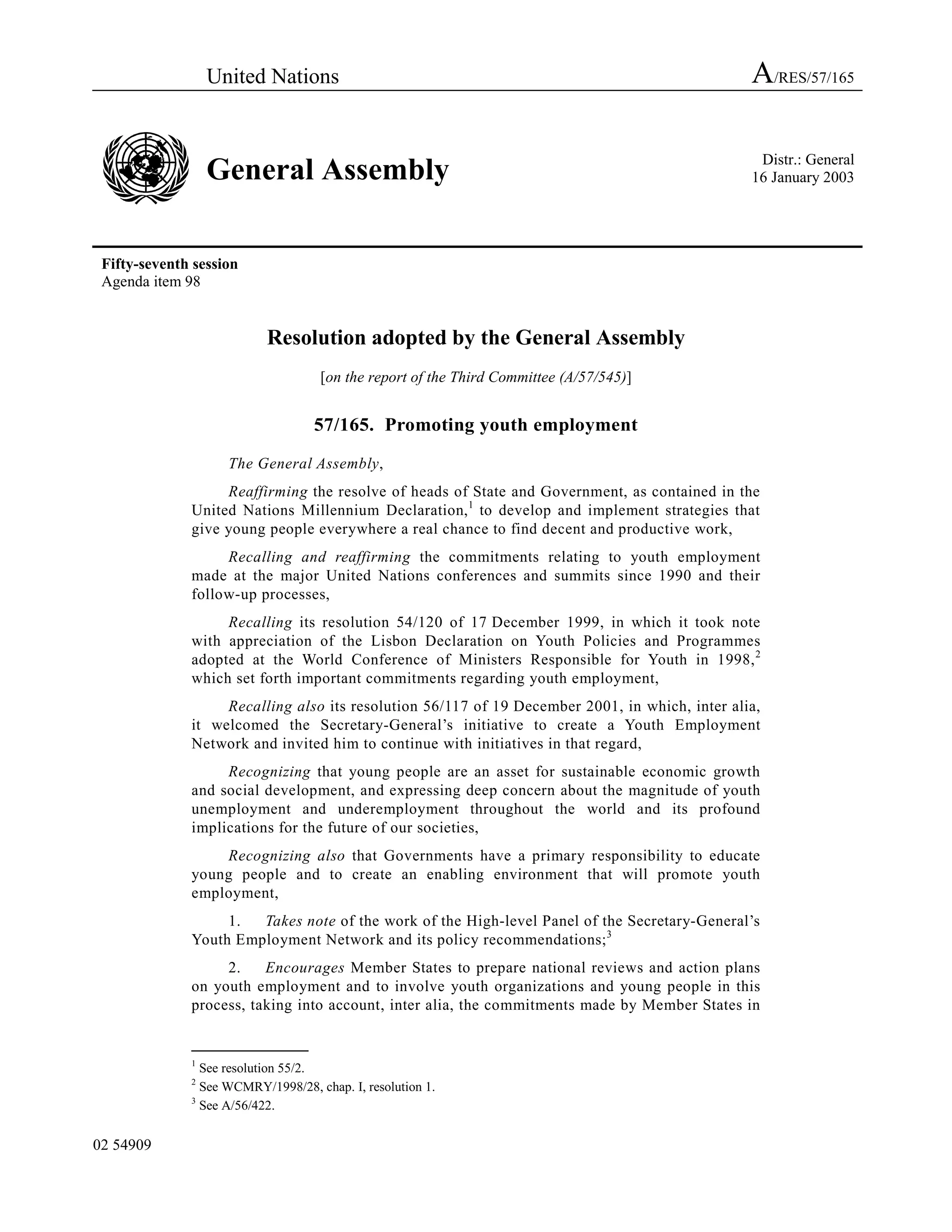 2001 - General Assembly resolution on Promoting Youth Employment (A/RES ...