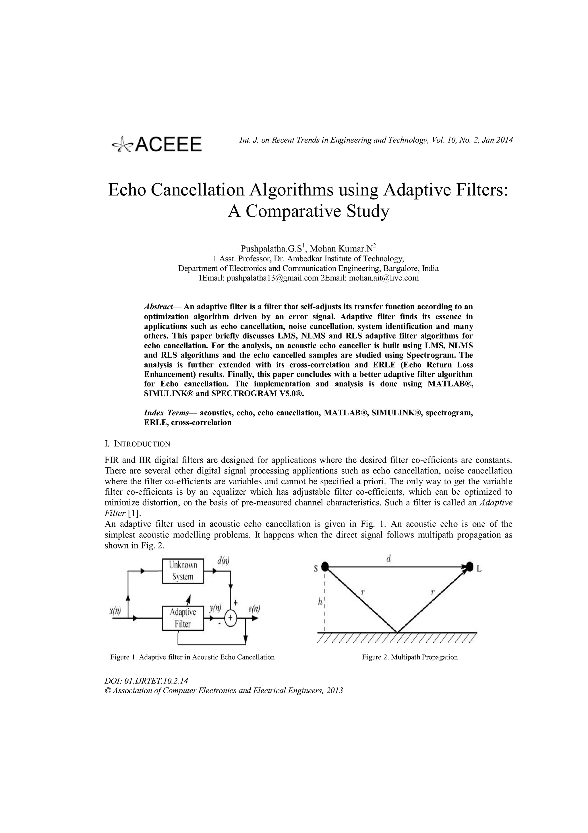 Echo Cancellation Algorithms using Adaptive Filters: A Comparative Study | PDF
