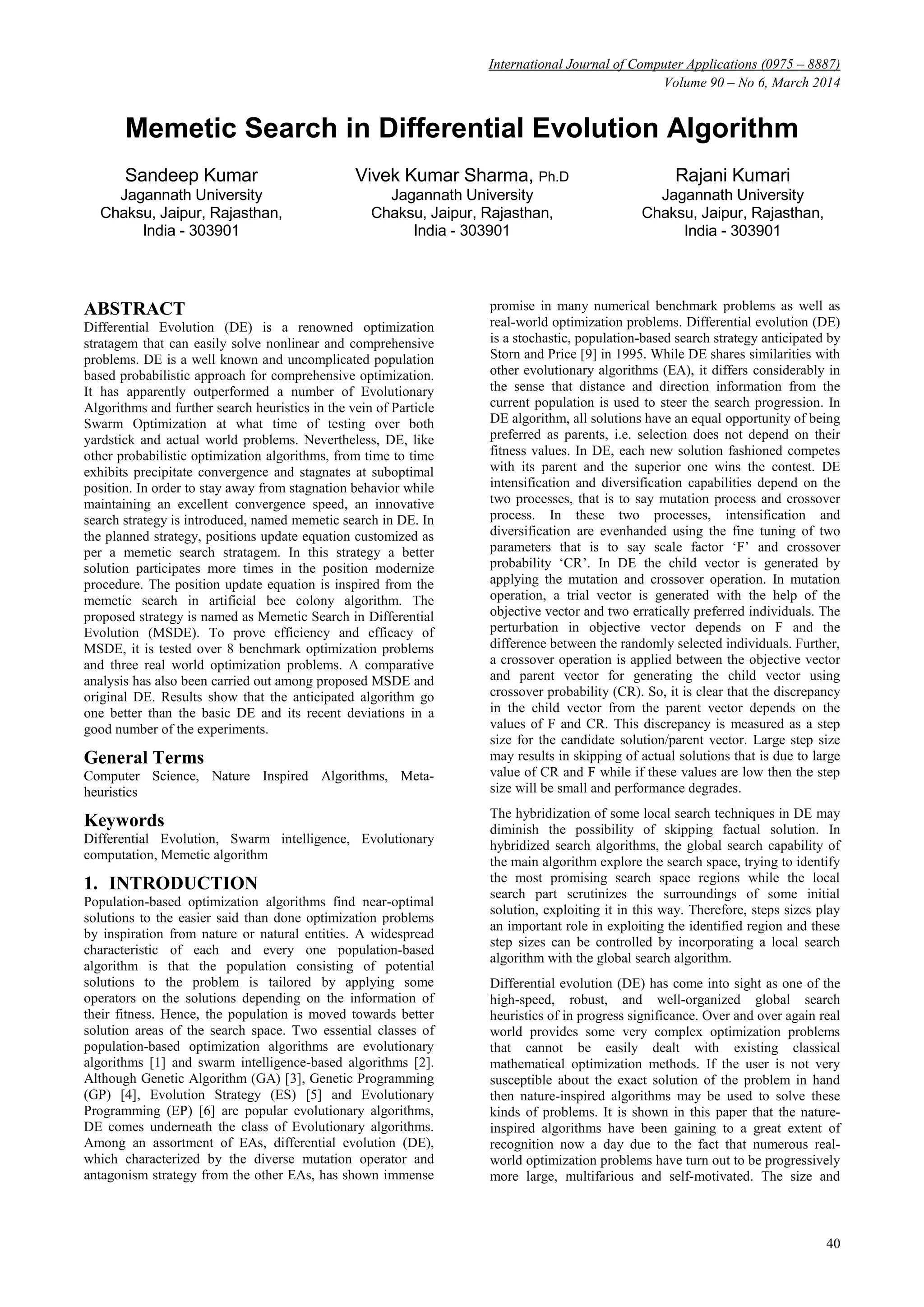 Memetic search in differential evolution algorithm | PDF